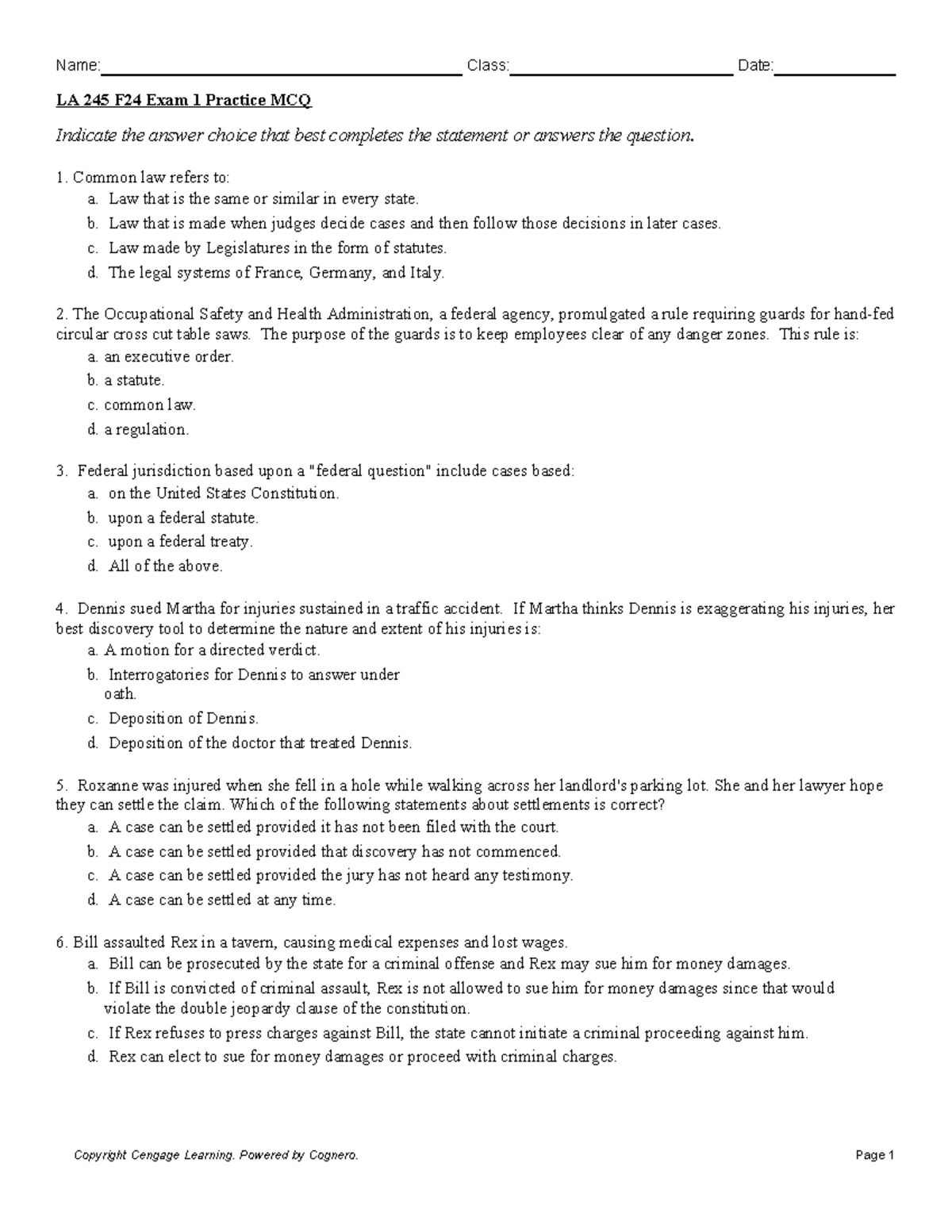 F24 Exam 1 Practice mcq's with answers - Name: Class: Date: LA 245 F24 Exam 1 Practice MCQ ...