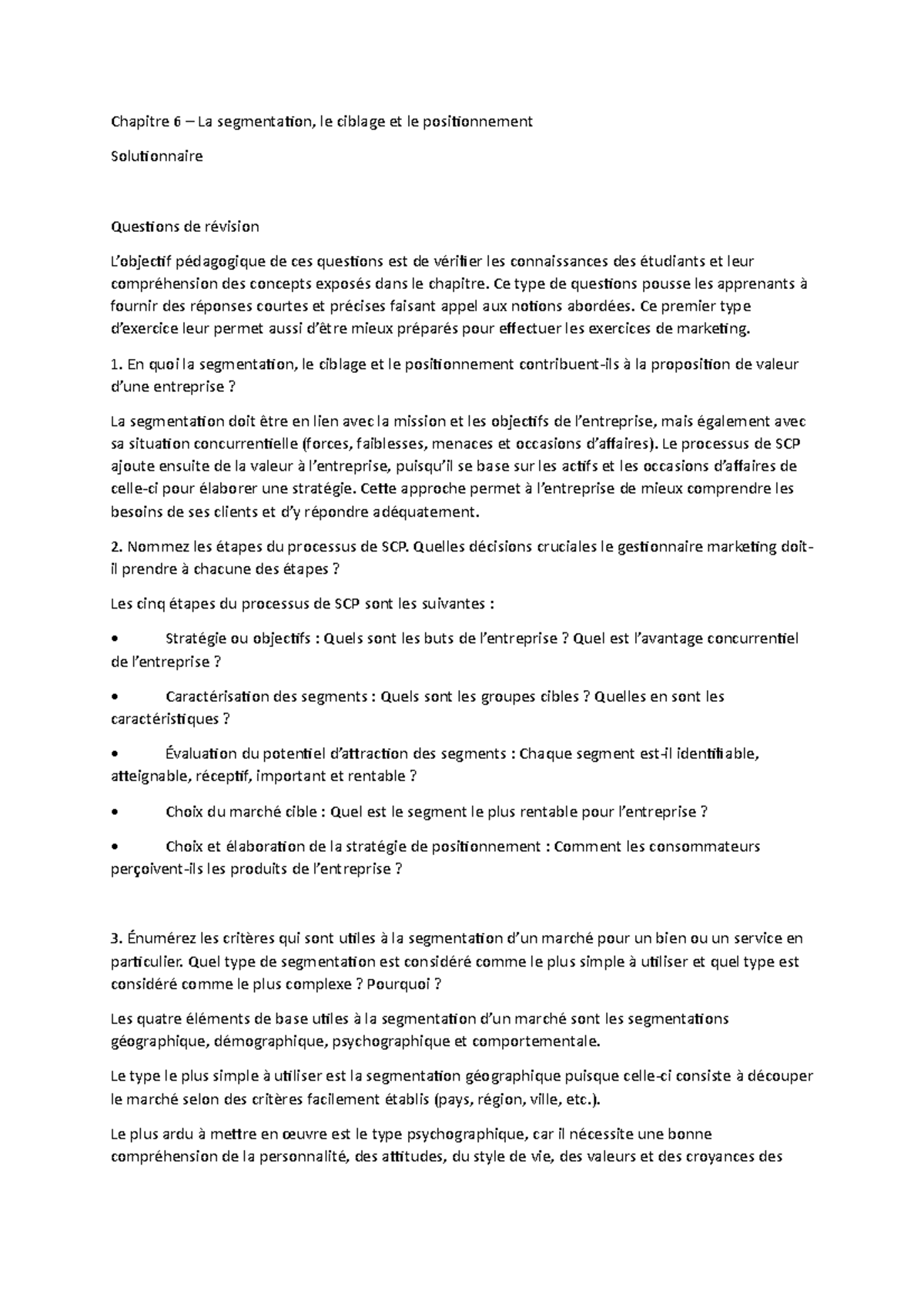 Chapitre 6 - solutionnaire - Chapitre 6 – La segmentation, le ciblage et le positionnement - Studocu