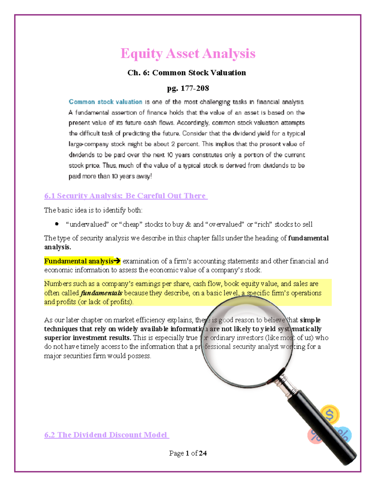 Equity Asset Analysis Ch. 6 Note - Equity Asset Analysis Ch. 6: Common Stock Valuation pg. 177 ...