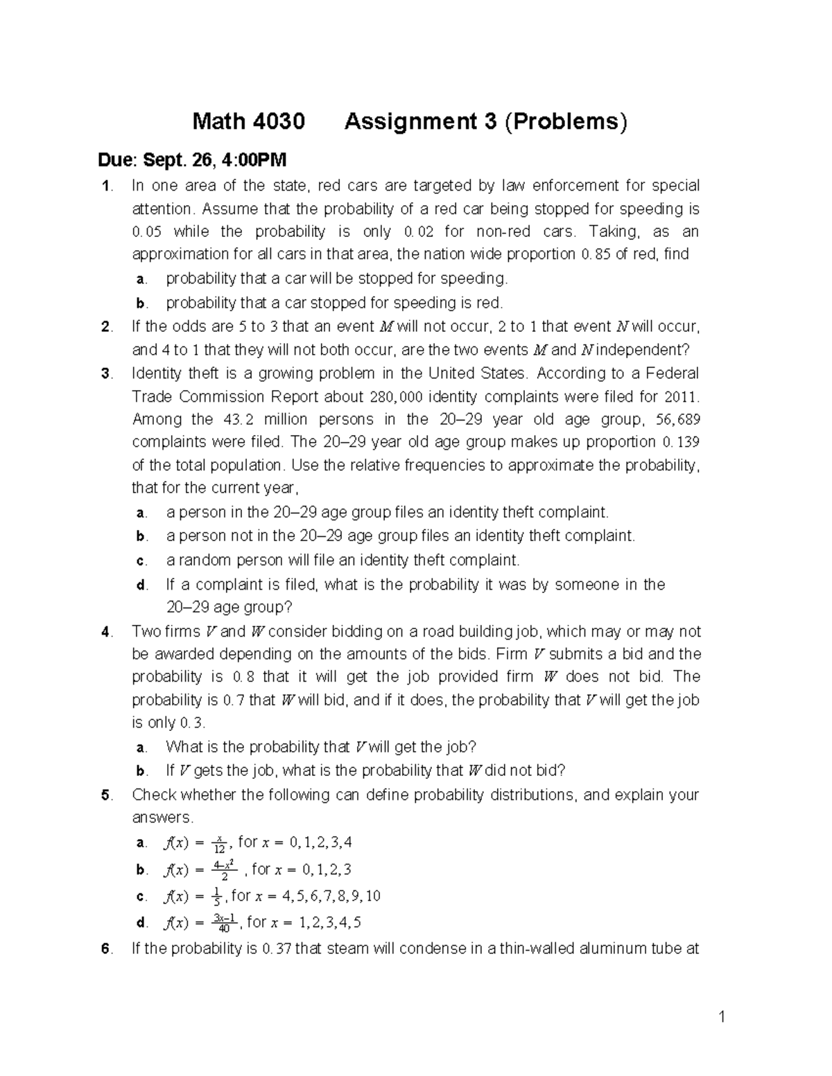 4030-Assignment 3(Problems) - Math 4030 Assignment 3(Problems) Due:Sept ...