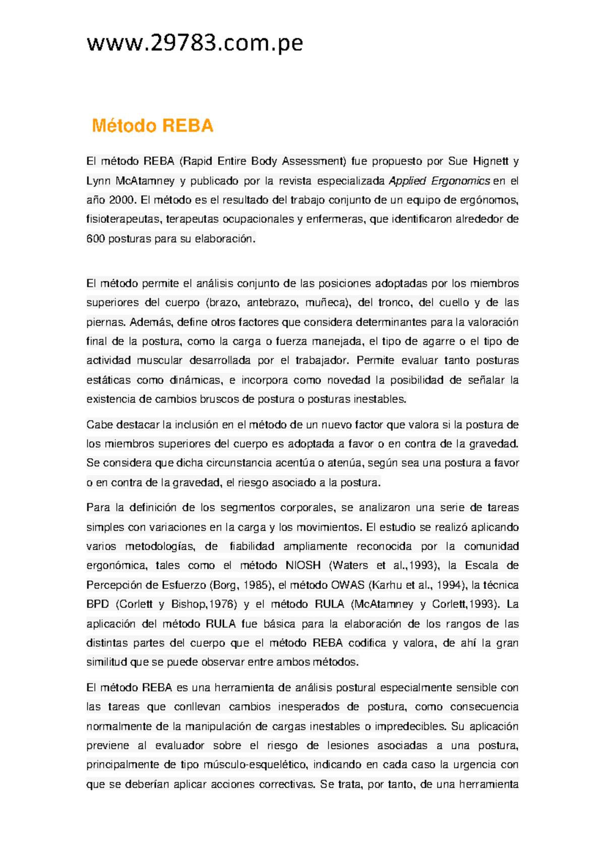 Método-REBA - Metodo de aplicacion. - Método REBA El método REBA (Rapid ...