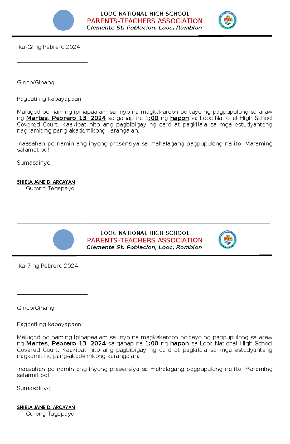 Letter-to-the-Parents PTA-Meeting-3 - LOOC NATIONAL HIGH SCHOOL PARENTS ...