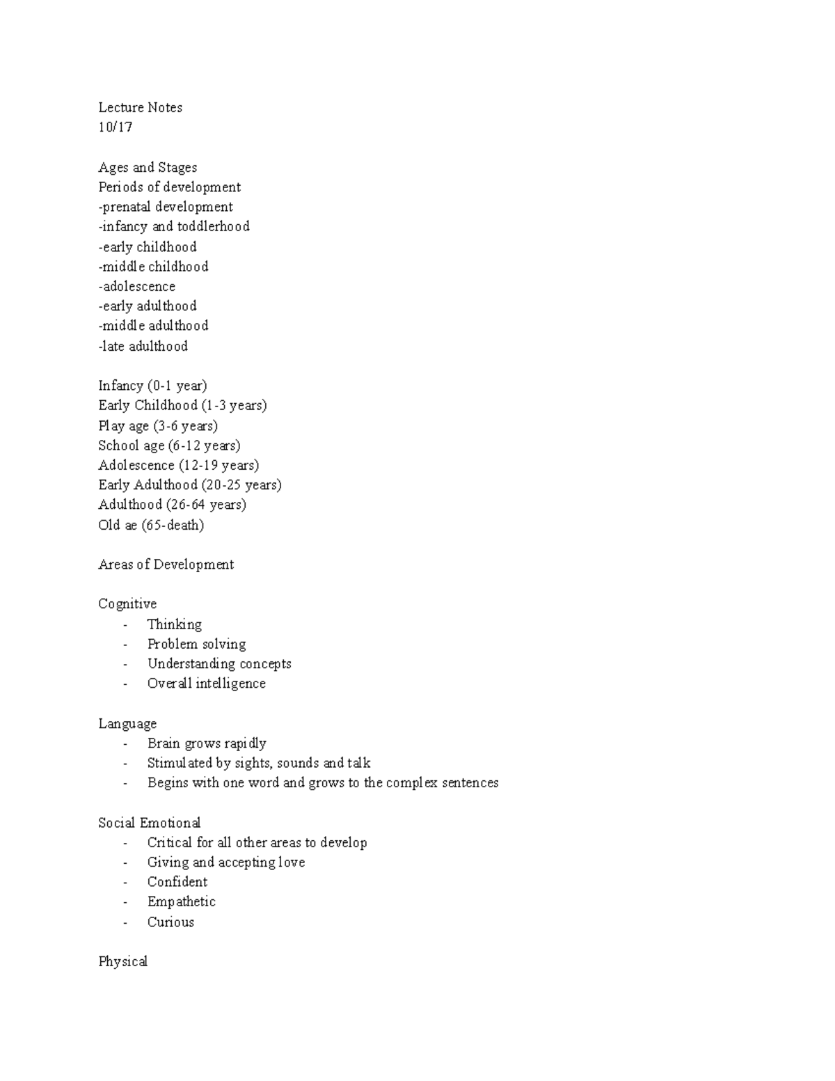 Lecture notes 10 17 - Lecture Notes 10/ Ages and Stages Periods of ...