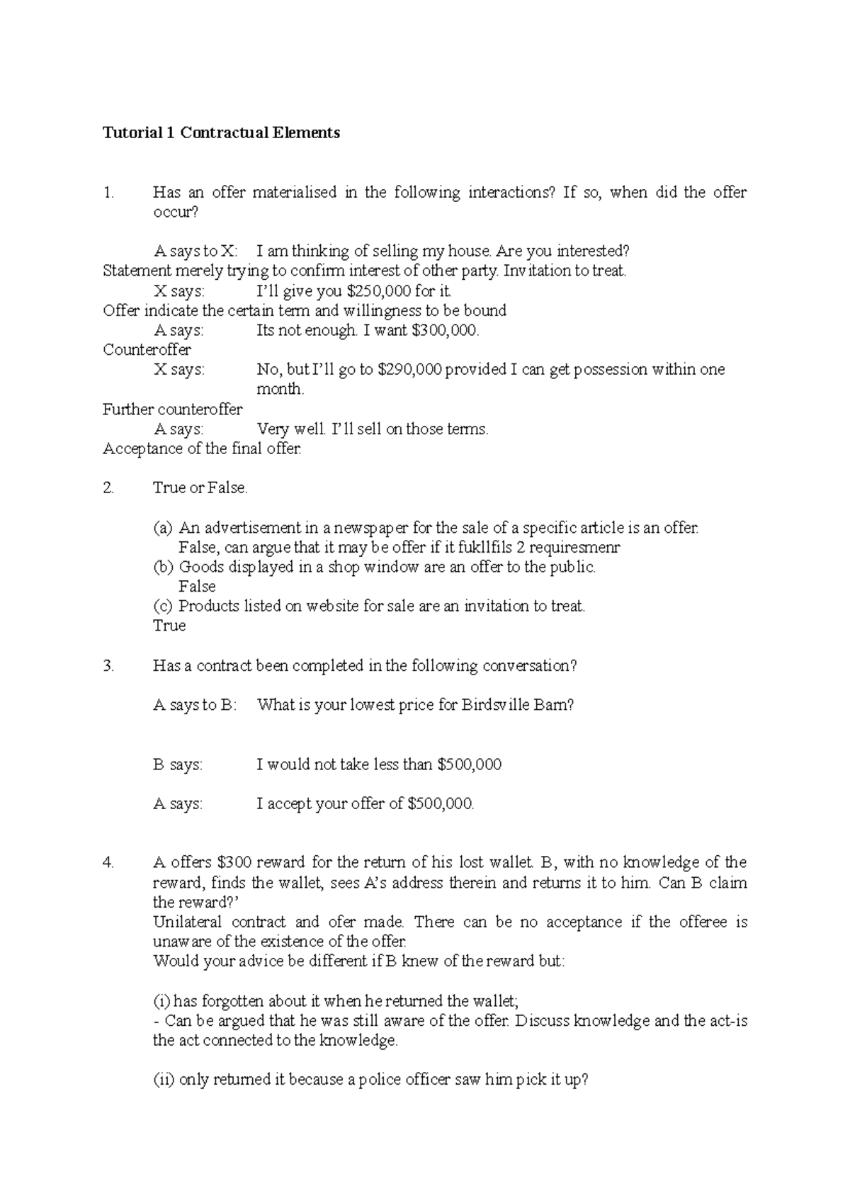 Tutorial 1 Contractual Elements - Tutorial 1 Contractual Elements Has an offer materialised in ...