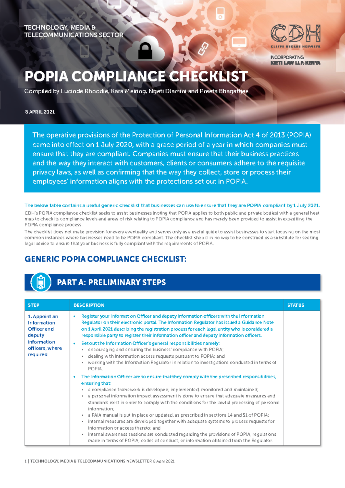 Popia Compliance Checklist - The below table contains a useful generic ...