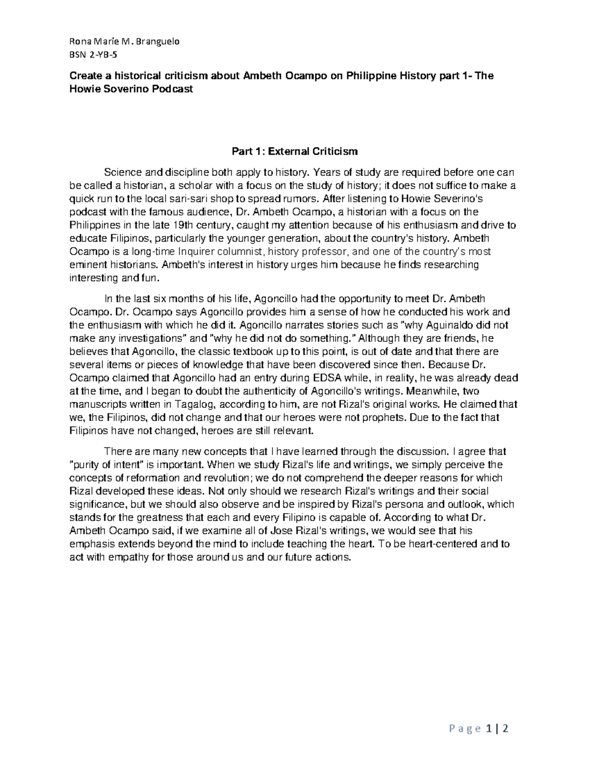 Historical Criticism - Rona Marie M. Branguelo BSN 2-YB- P a g e 1 | 2 ...
