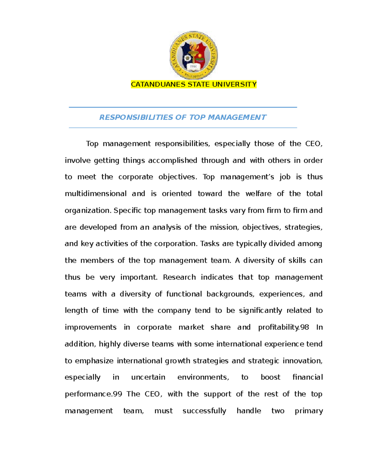 Responsibilities OF TOP Management - RESPONSIBILITIES OF TOP MANAGEMENT ...