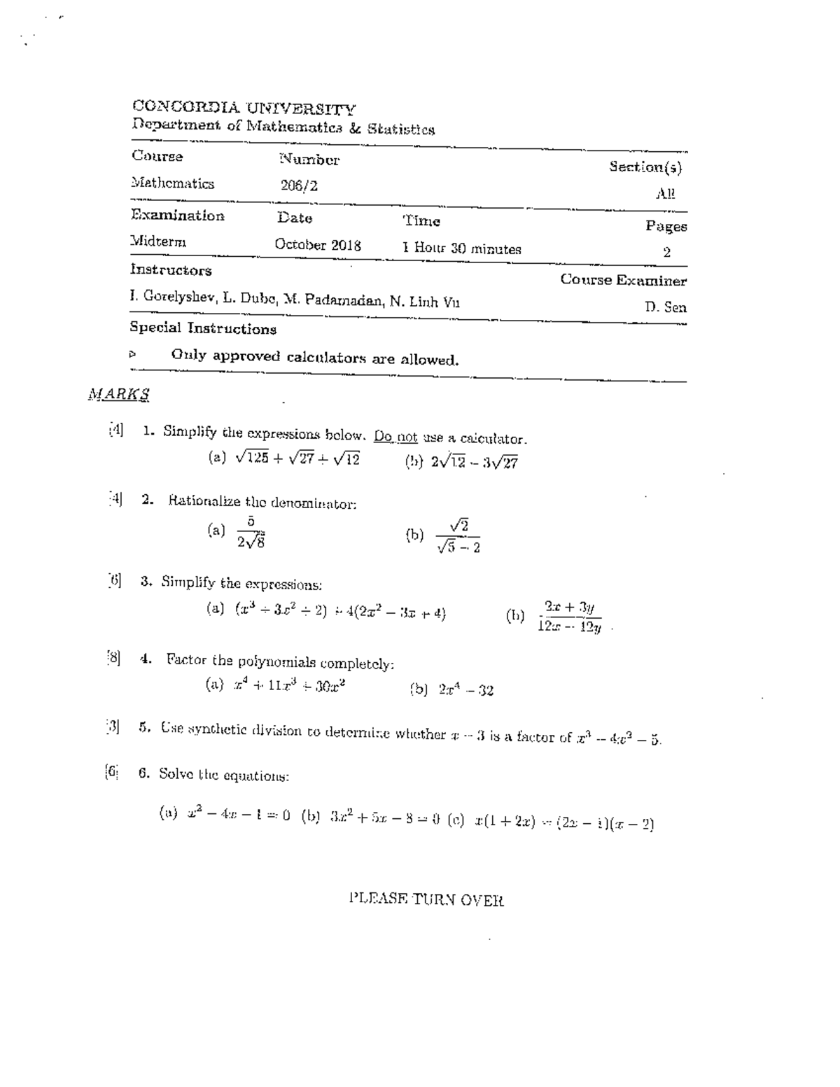 Math 206 midterm - October 2018 (with solution) - MATH 206 - Studocu
