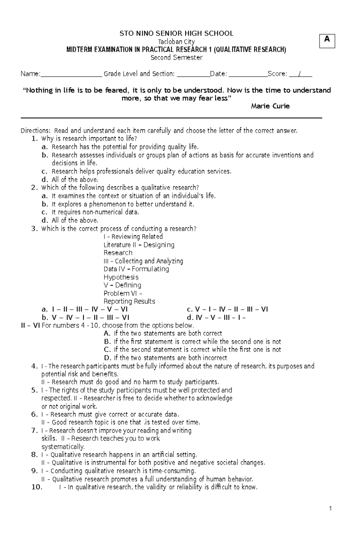 Midterm exam in practical research 1 - 1 A STO NINO SENIOR HIGH SCHOOL ...
