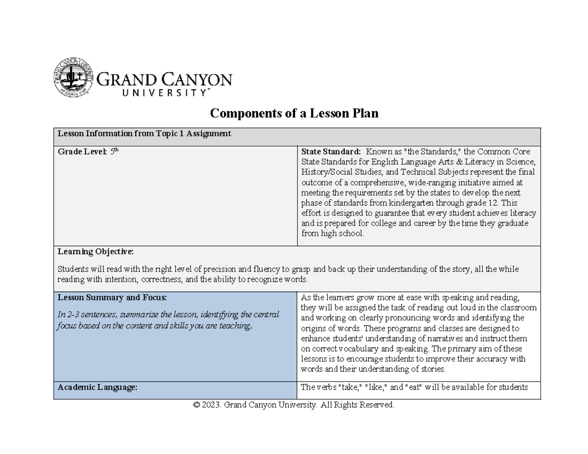 Components of a Lesson Plan AZ GCU ELM - Components of a Lesson Plan ...