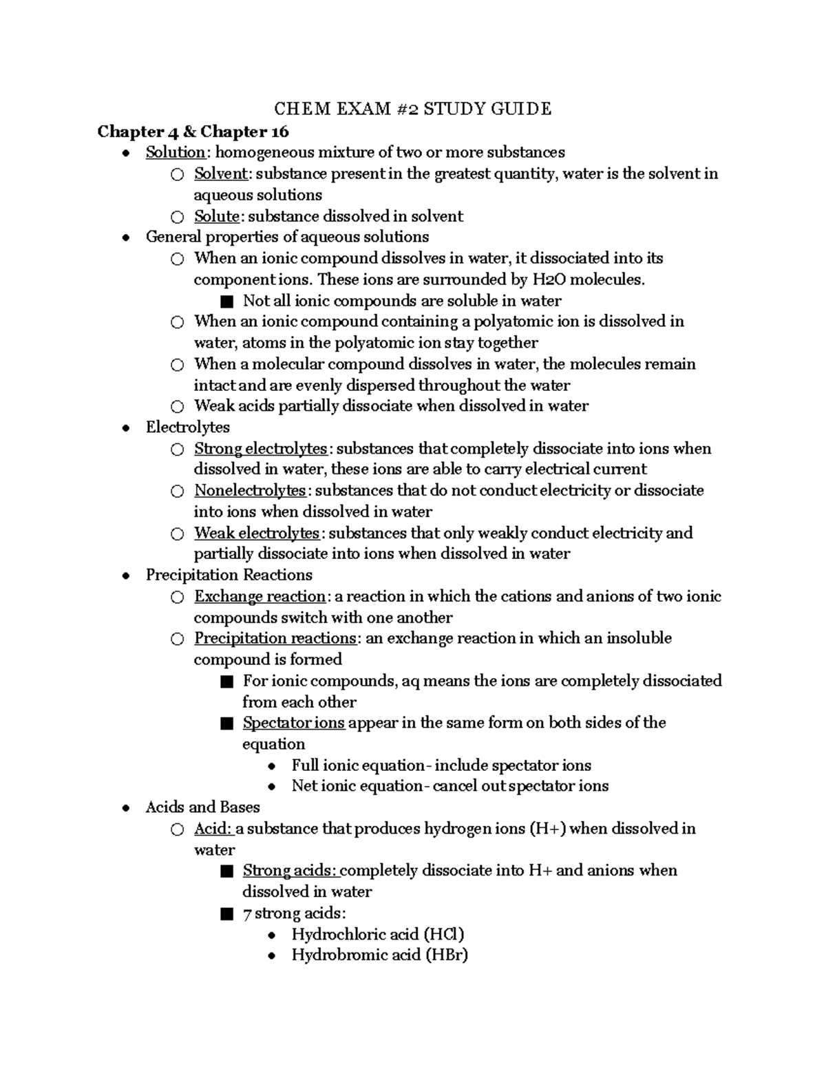 CHEM EXAM #2 Study Guide - CHEM EXAM #2 STUDY GUIDE Chapter 4 & Chapter ...