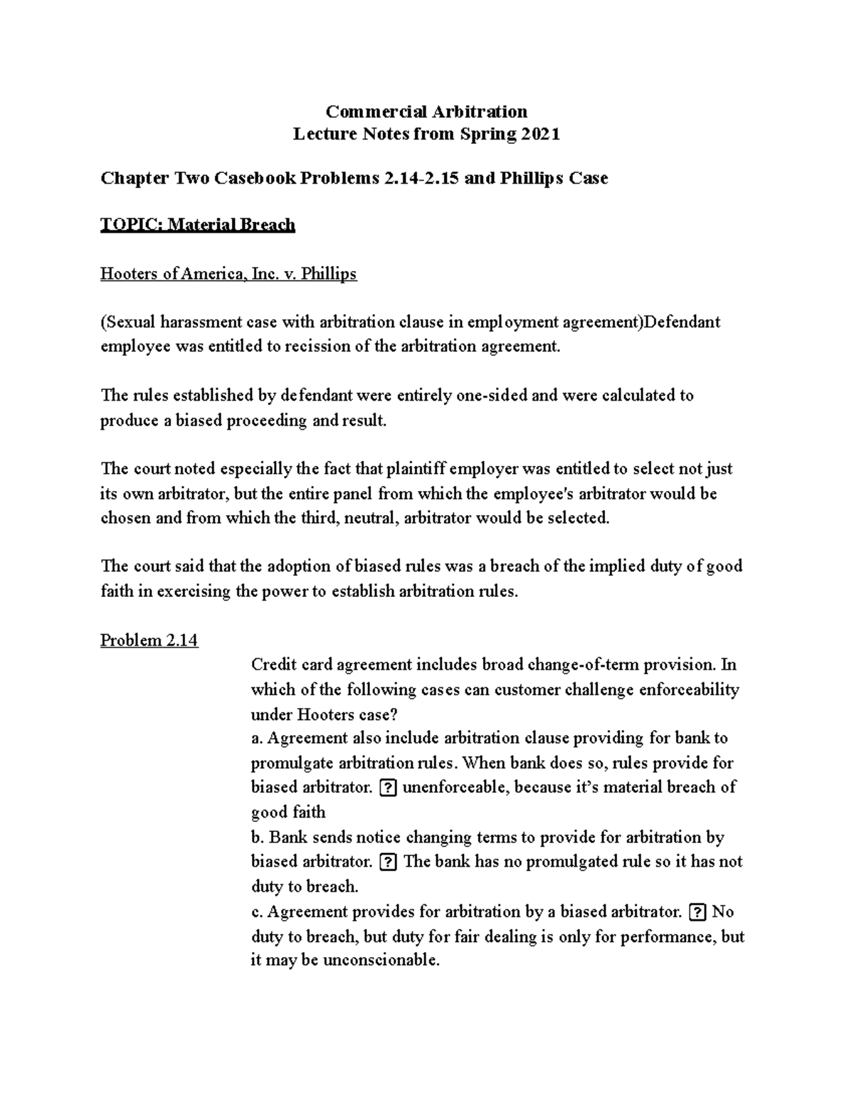 Chapter Two Casebook Problems 2.14-2.15 and Phillips Case - Commercial ...