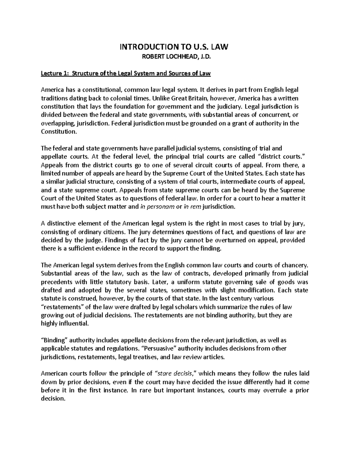 Intro to US Law Lectures Outline - INTRODUCTION TO U. LAW ROBERT ...