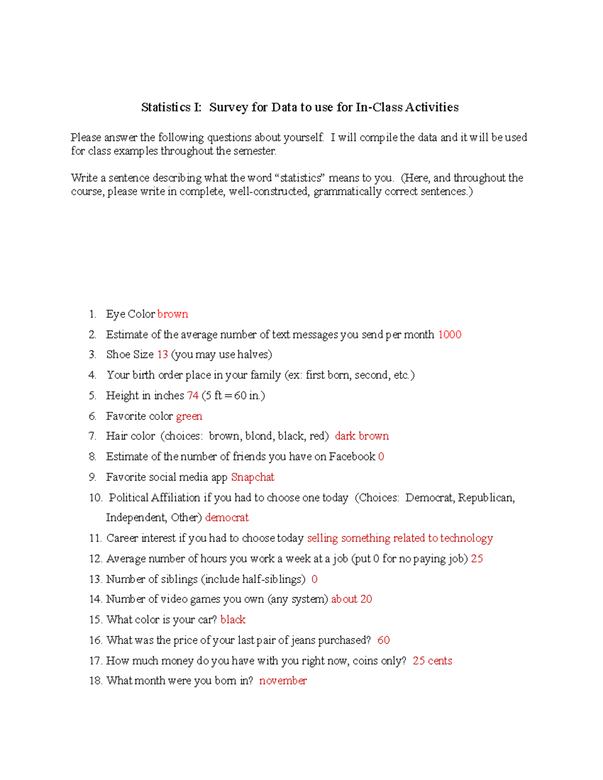 First Day Info Survey for In class Activities Data 2022 - Statistics I ...