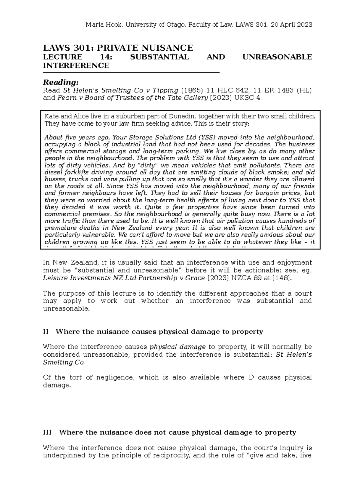 Lecture 14 Nuisance - substantial and unreasonable interference - Maria ...