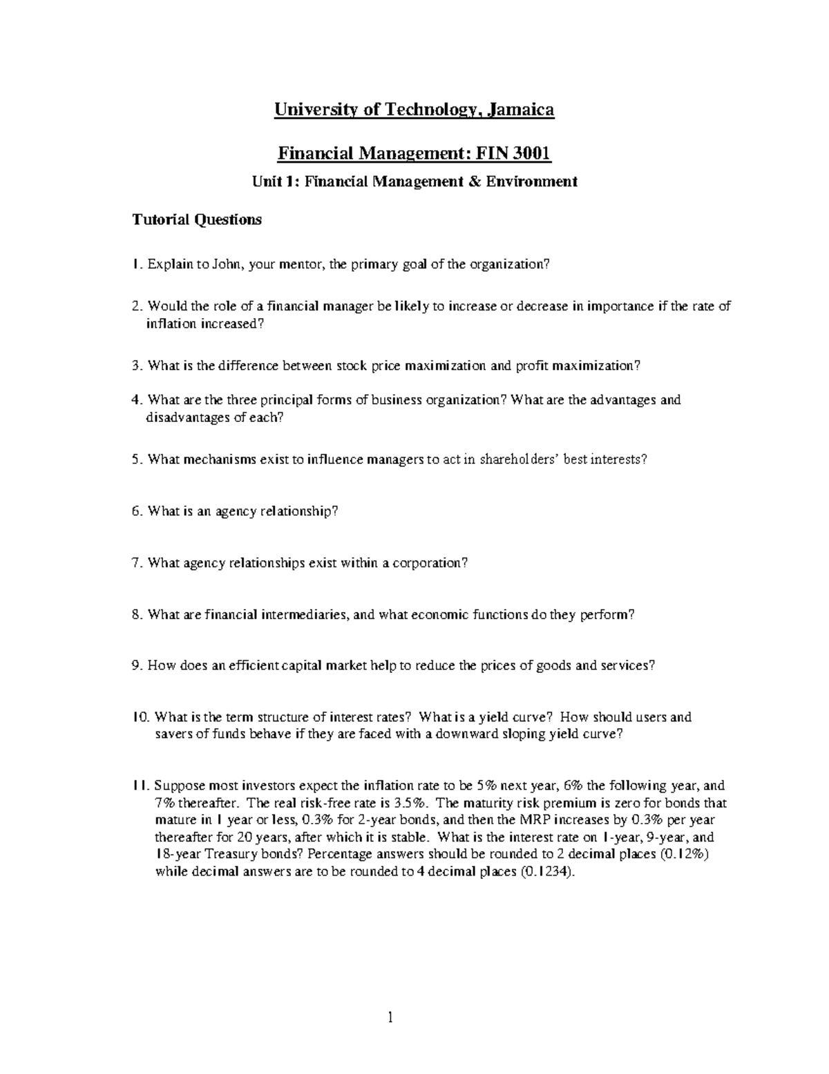 Fin Man Unit 1 Tutorial revised Aug2021 - Financial Management - UTech ...