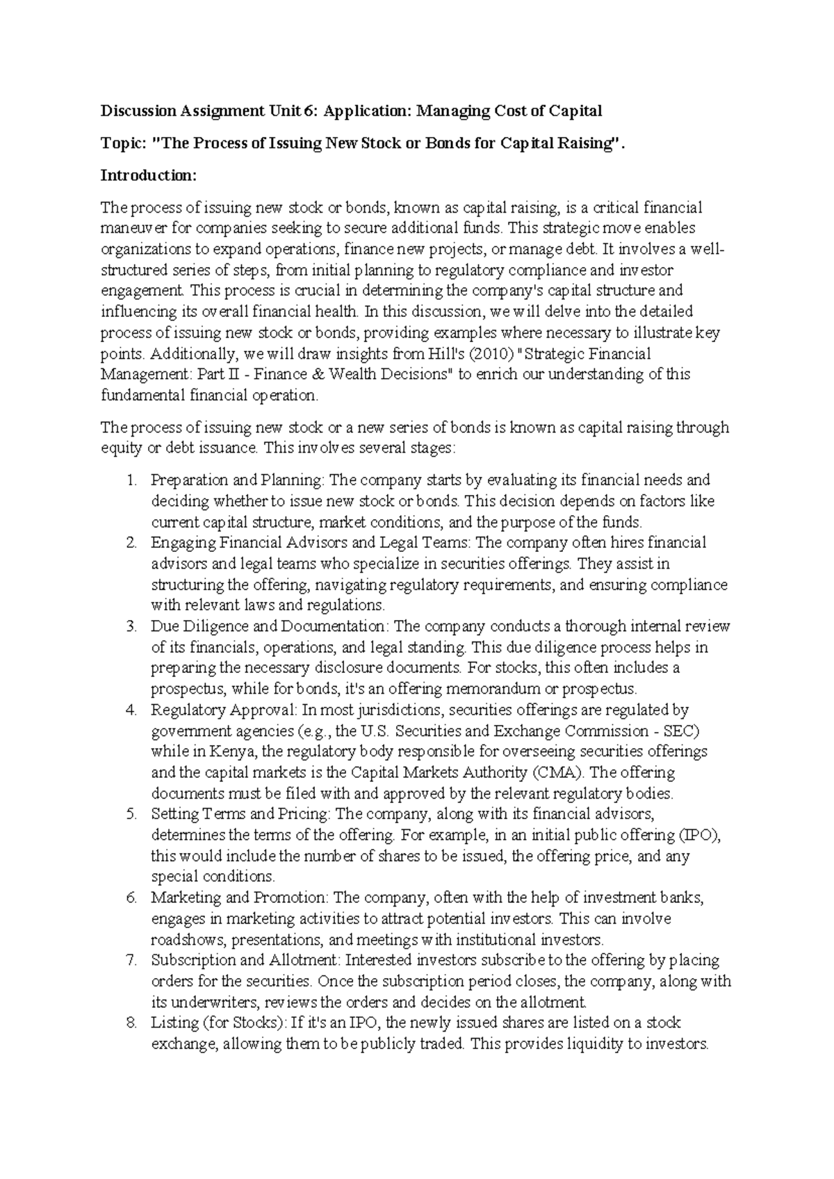 Discussion Assignment Unit 6 Application- Managing Cost of Capital - Introduction: The process ...