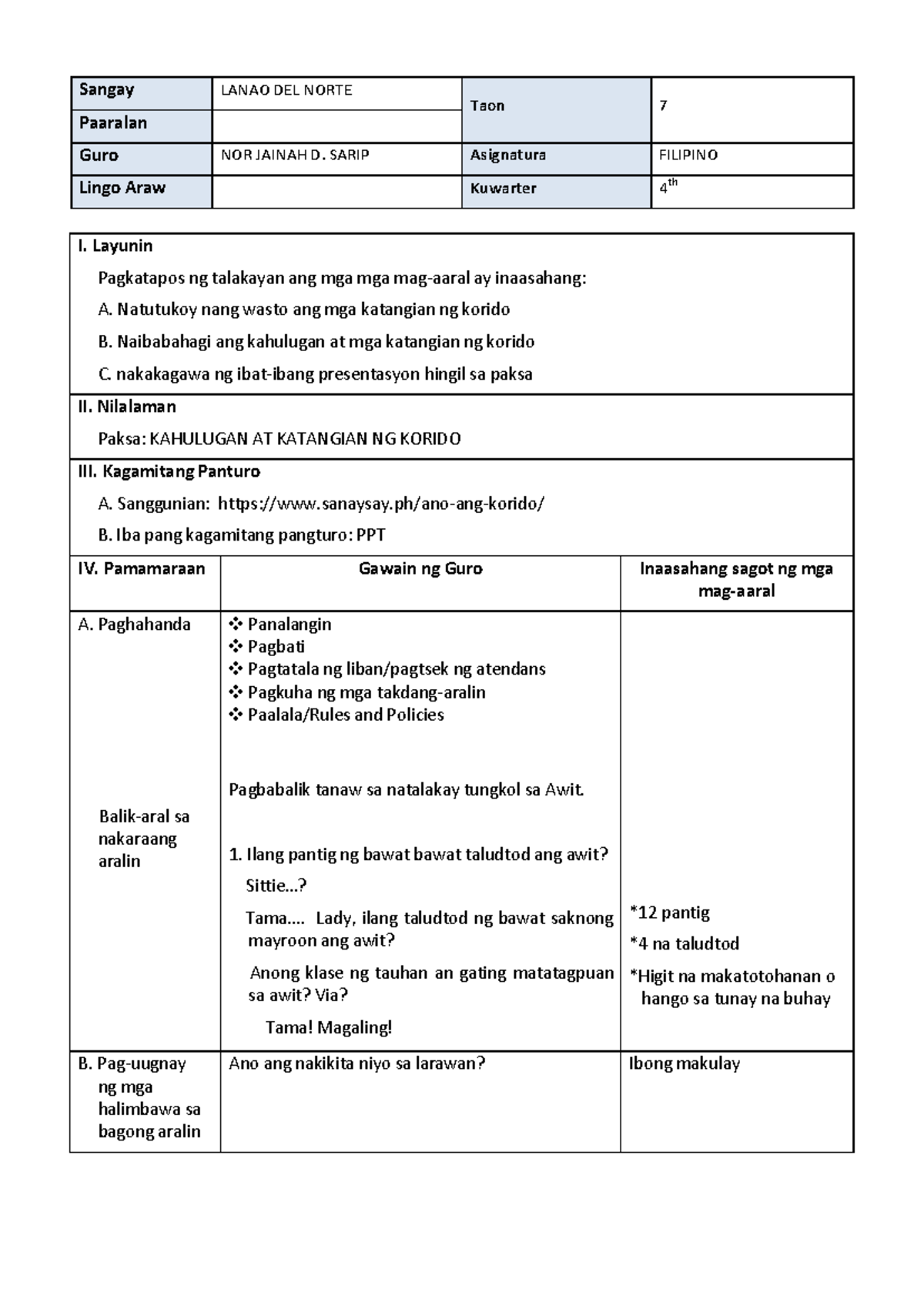 Lesson-PLAN- Korido - I. Layunin Pagkatapos ng talakayan ang mga mga ...