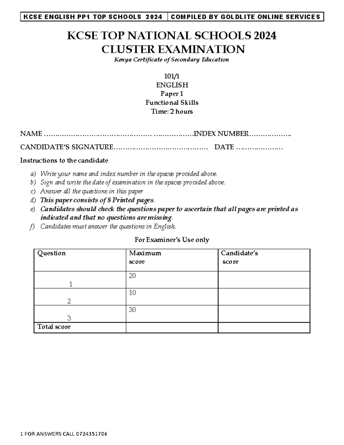 ENG PP1 TOP Schools 2024 - KCSE ENGLISH PP 1 TOP SCHOOLS 2024 COMPILED BY GOLDLITE ONLINE ...