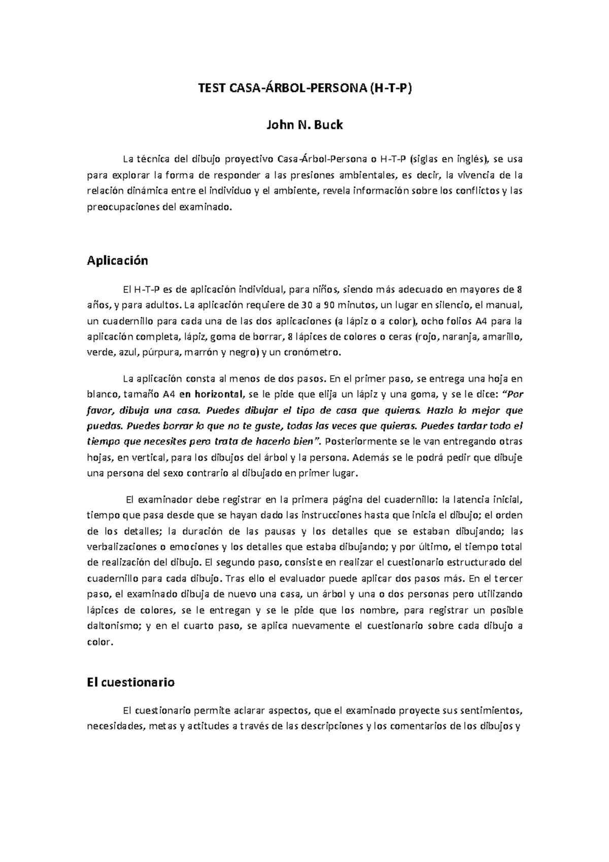 Test HTP - TEST CASA-ÁRBOL-PERSONA (H-T-P) John N. Buck La técnica del ...