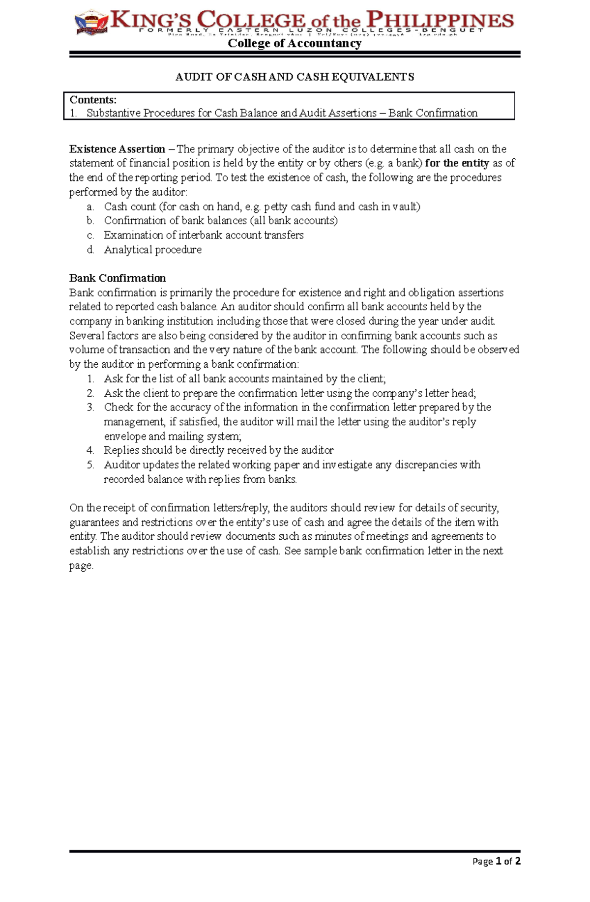 Pr E 2 Lesson 2c Audit of Cash and Cash Equivalents - College of ...