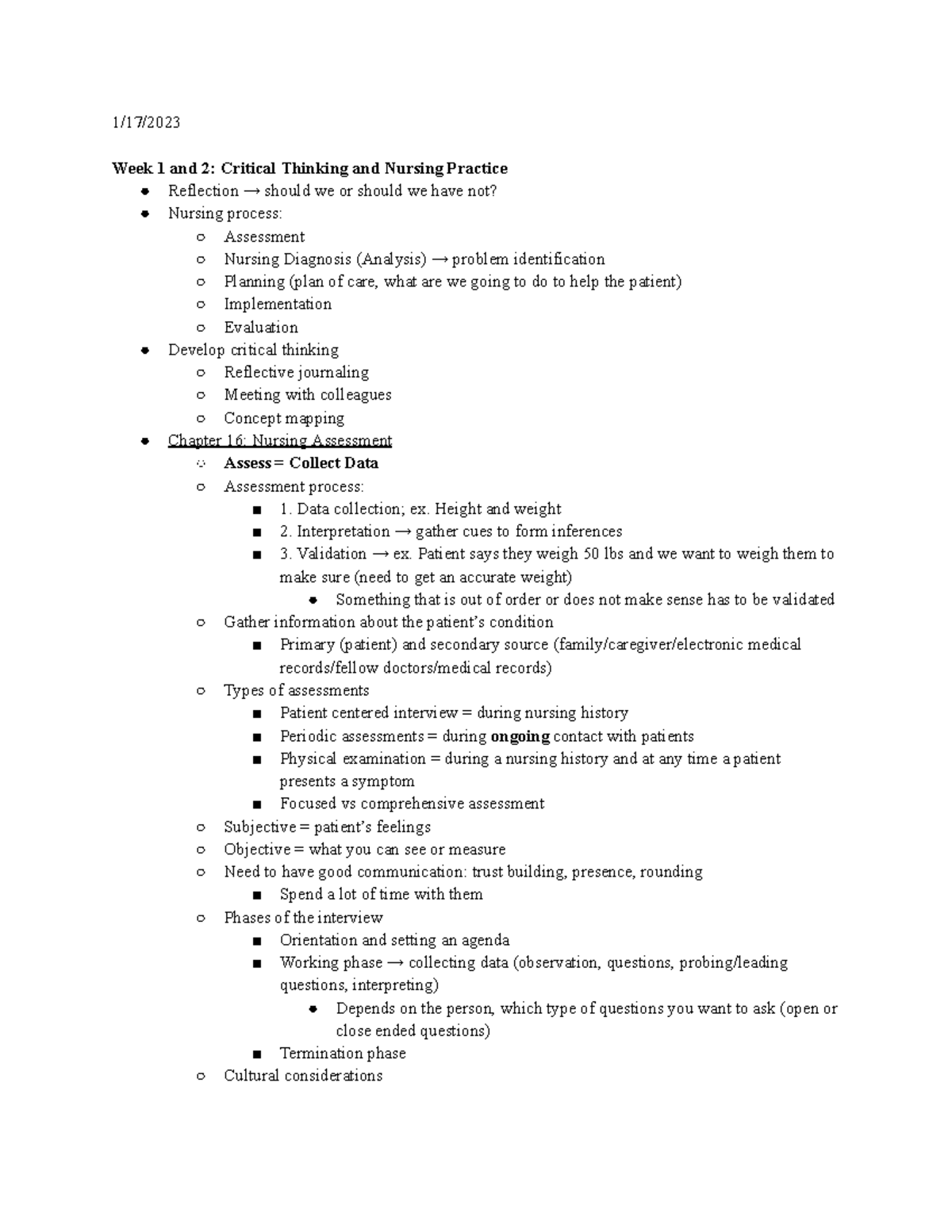 NUR 321 Lecture Notes - 1/17/ Week 1 and 2: Critical Thinking and ...