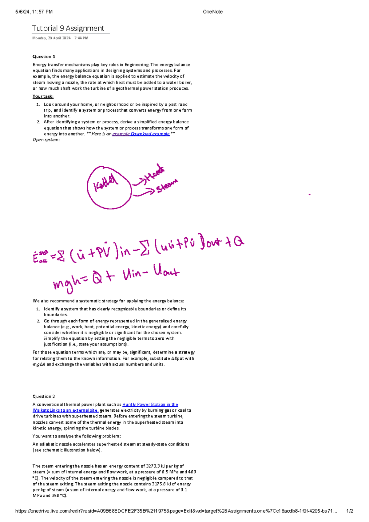 Enggen 140 tutorial 9 - Tutorial 9 Assignment Monday, 29 April 2024 7:44 PM Question 1 Energy ...
