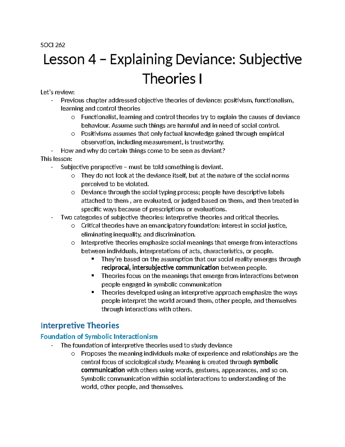 SOCI 262 Lesson 4 – Explaining Deviance- Subjective Theories I - Assume ...
