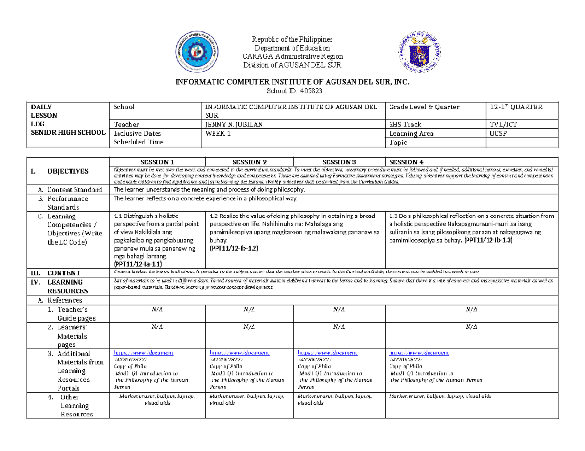 1 SHS Daily Lesson LOG DLL Template By - Republic of the Philippines ...