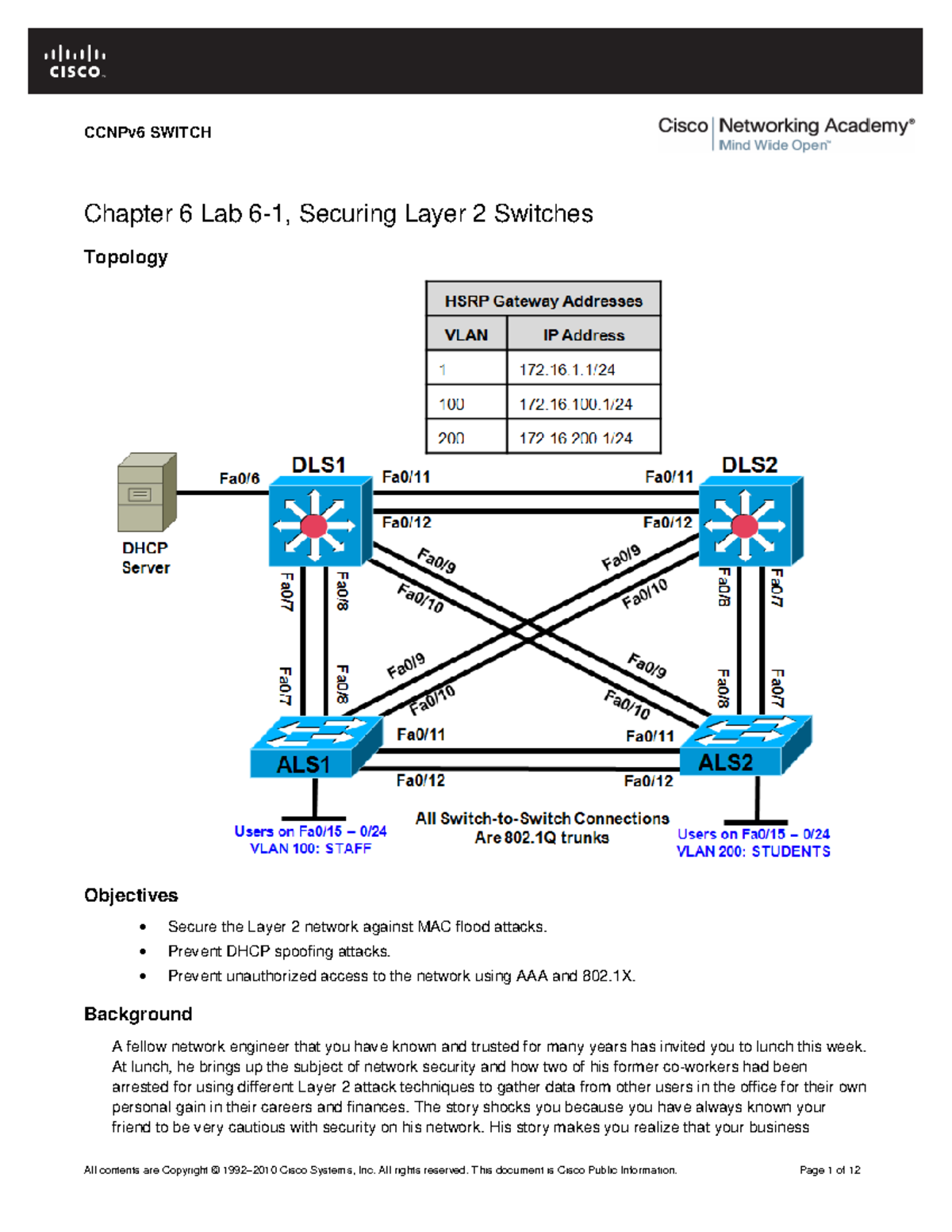 CCNPv 6 Switch Lab6-1 Securing Layer 2 Student - Chapter 6 Lab 6-1, Securing Layer 2 Switches ...