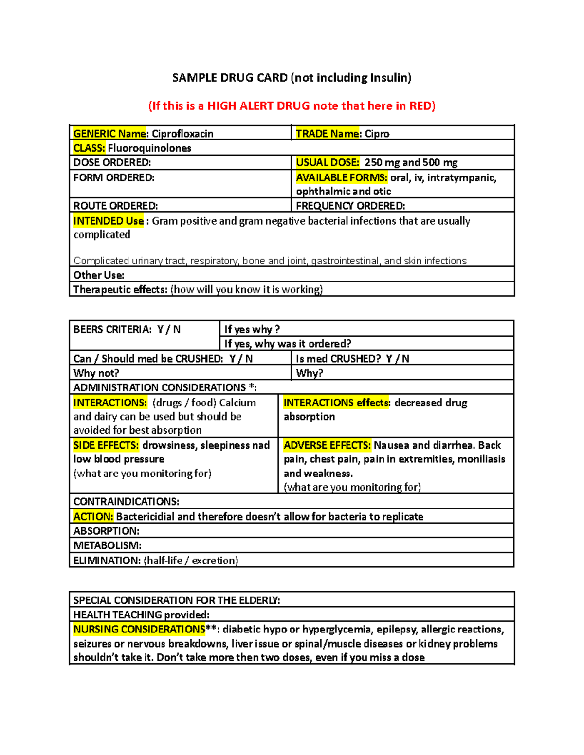 DRUG CARD practice - SAMPLE DRUG CARD (not including Insulin) (If this ...