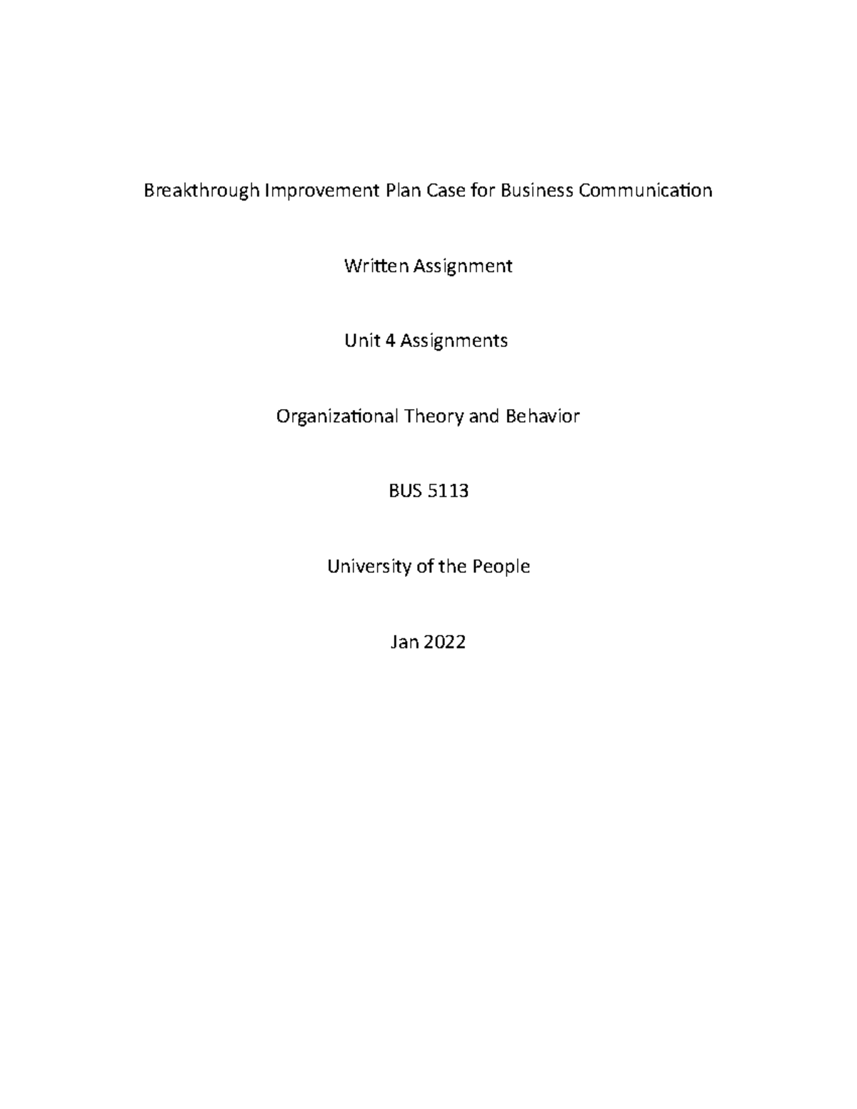 Breakthrough Improvement Plan Case for Business Communication - By ...