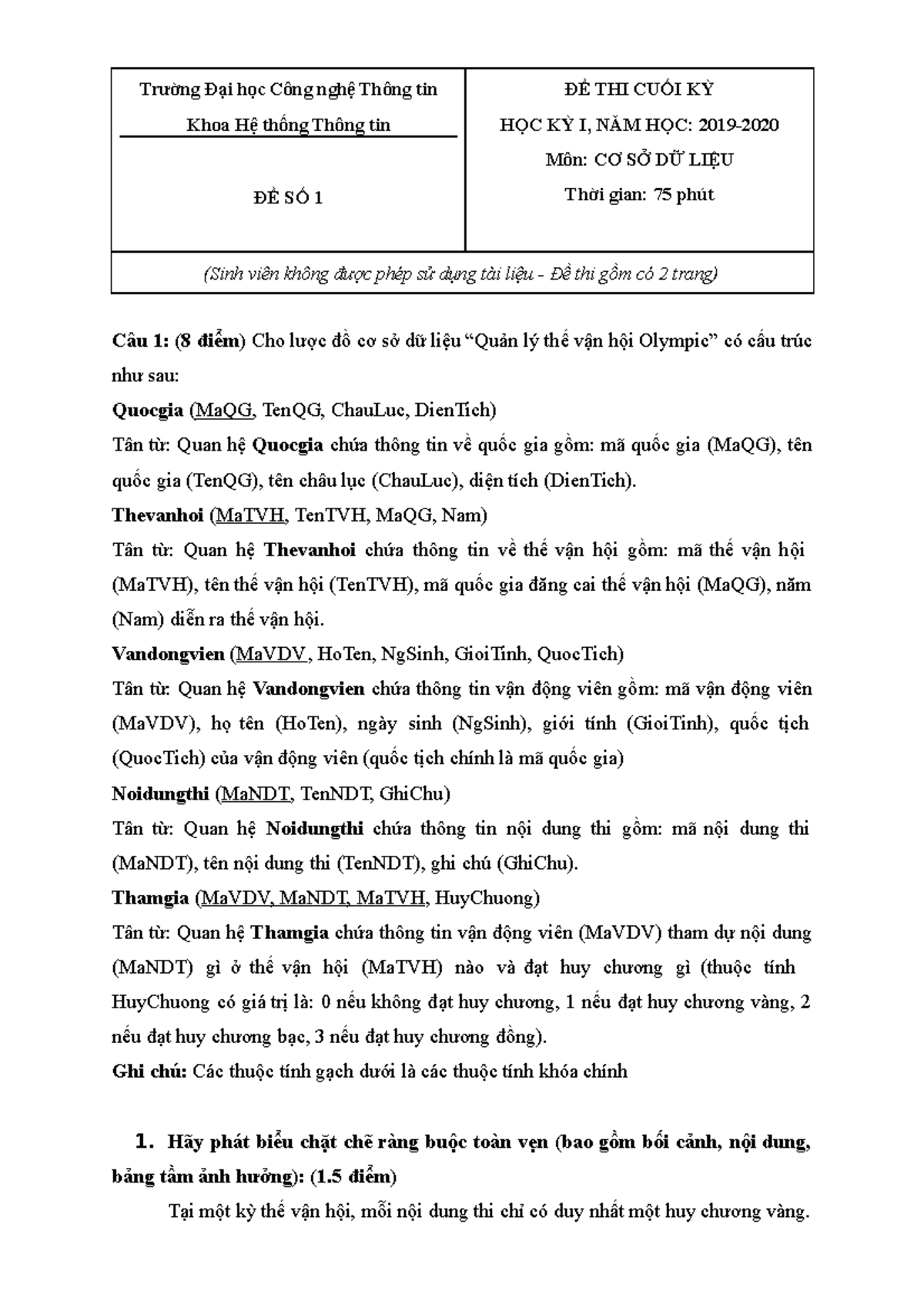 2019 2020 HK1 DE THI CUOI KY CSDL - computer architechture - Trường Đại học Công nghệ Thông tin ...