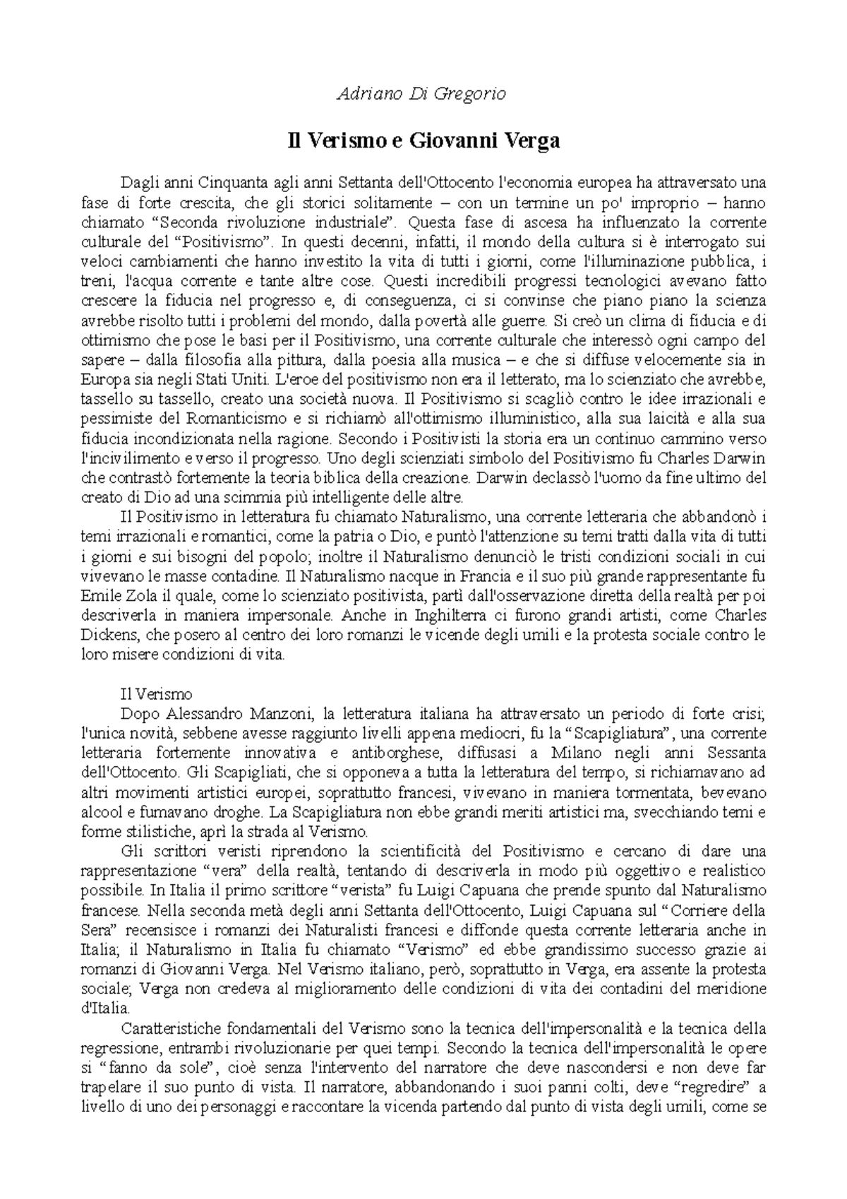 20 - Riassunto verga - Adriano Di Gregorio Il Verismo e Giovanni Verga ...