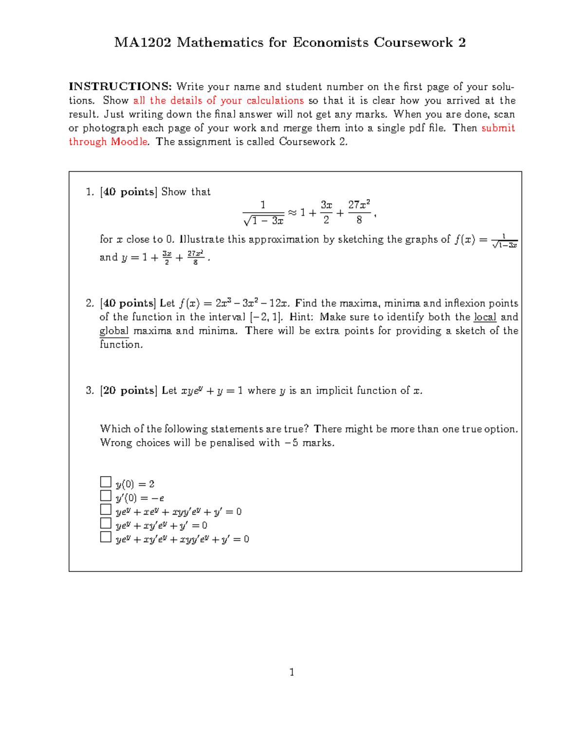 Test/coursework - MA1202 Mathematics for Economists Coursework 2 ...