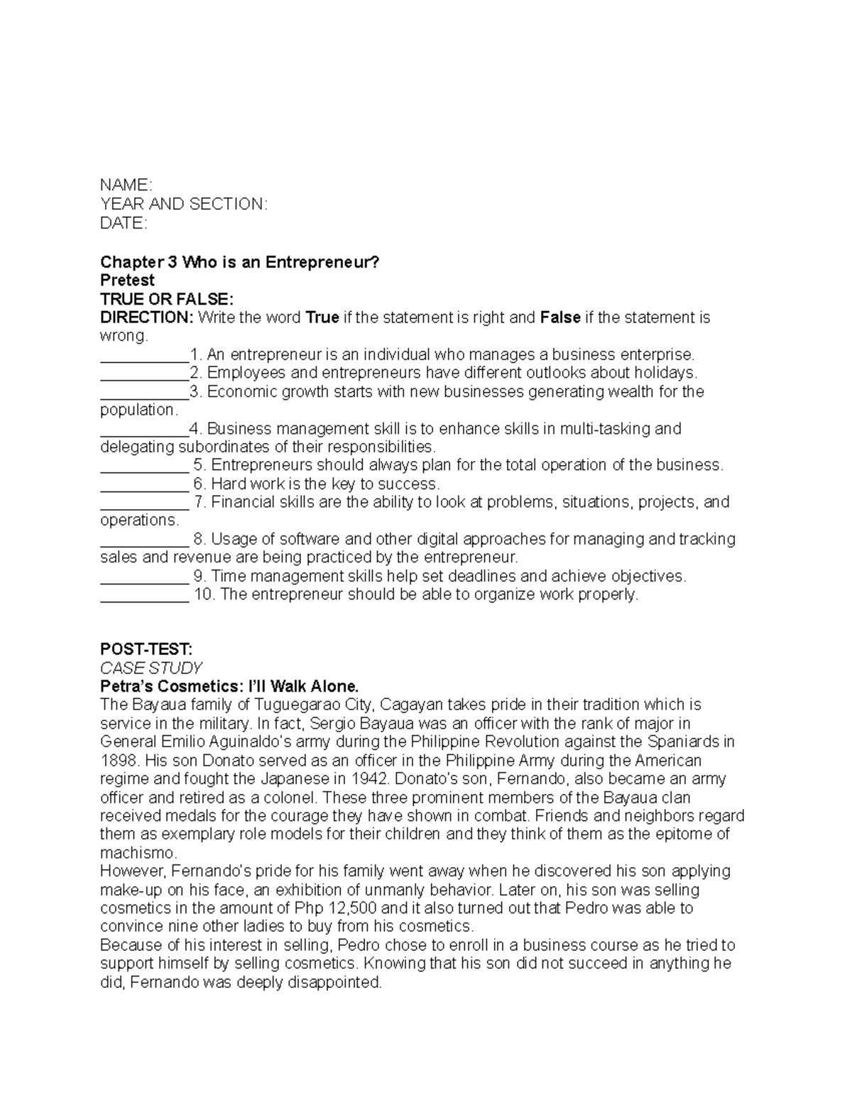 Chapter 3 WHO IS Entrepreneur - NAME: YEAR AND SECTION: DATE: Chapter 3 ...
