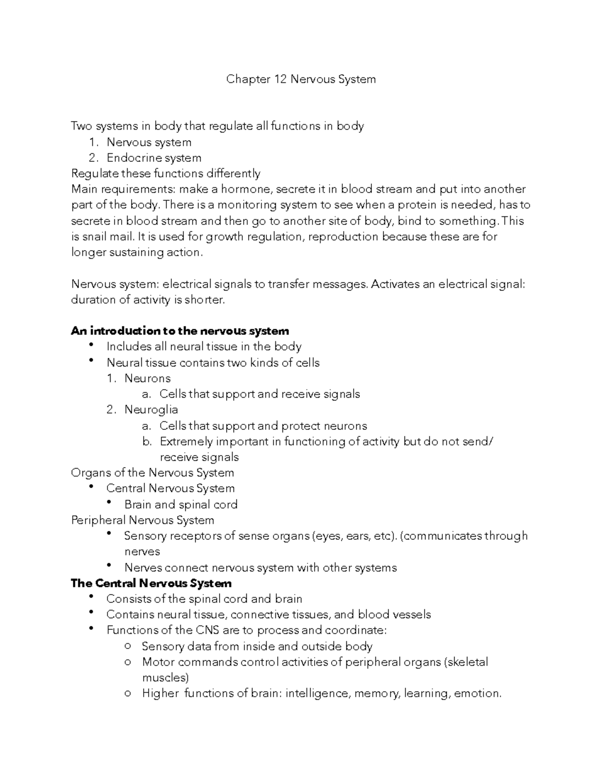 Chapter 12 Nervous System - Chapter 12 Nervous System Two systems in ...