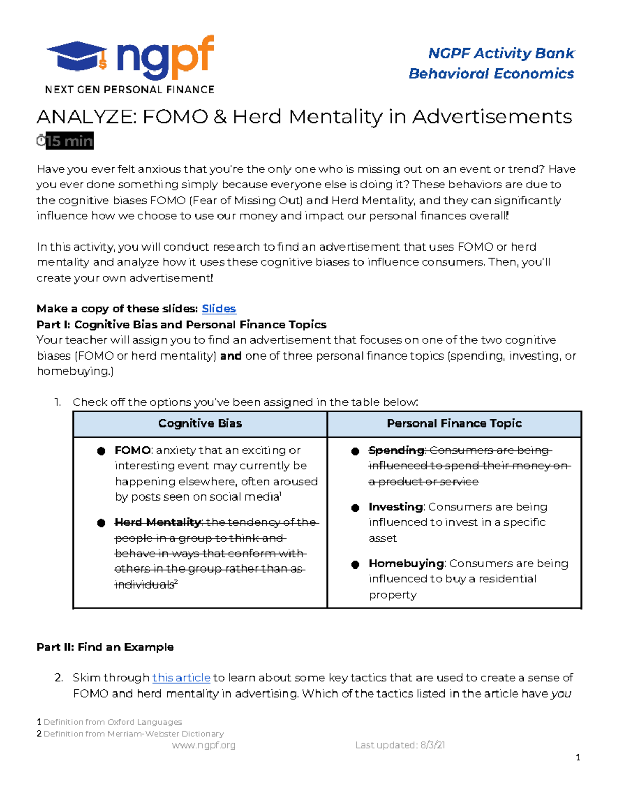 Copy of Analyze FOMO & Herd Mentality in Advertisements - NGPF Activity ...