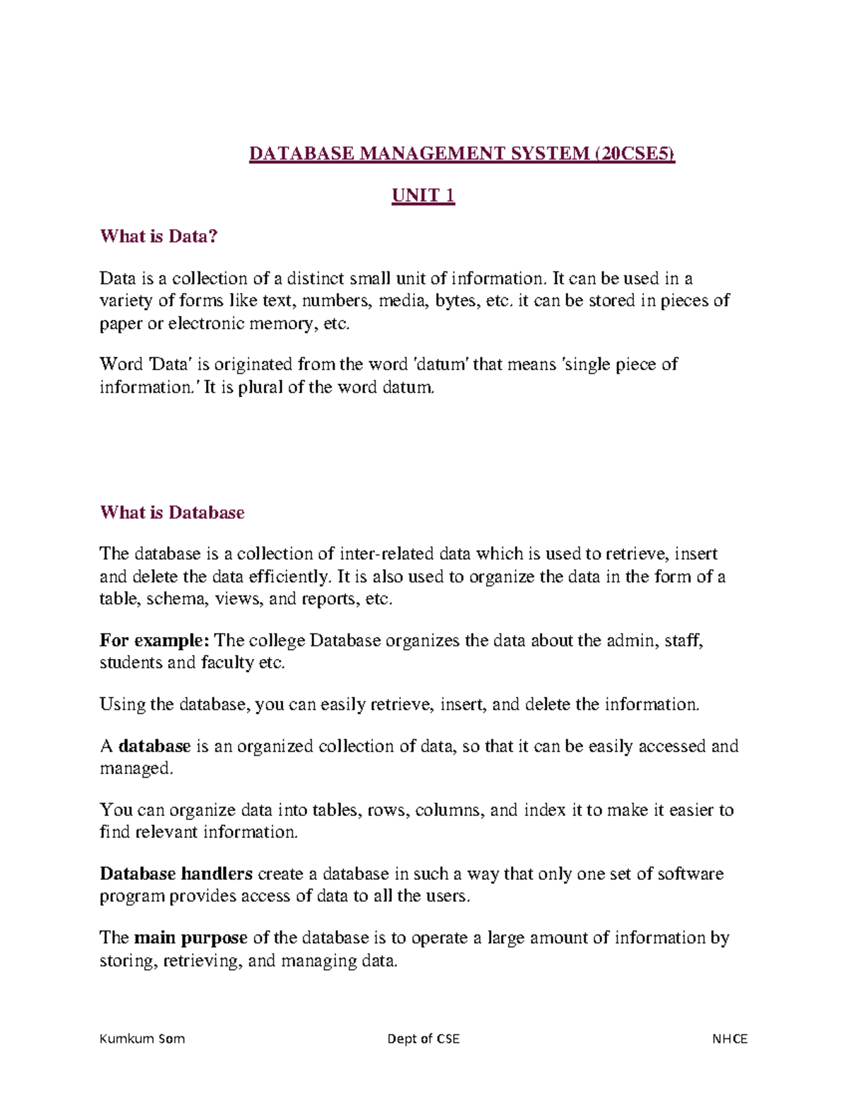 Dbms Notes 5b Database Management System 20cse5 Unit 1 What Is Data Data Is A Collection