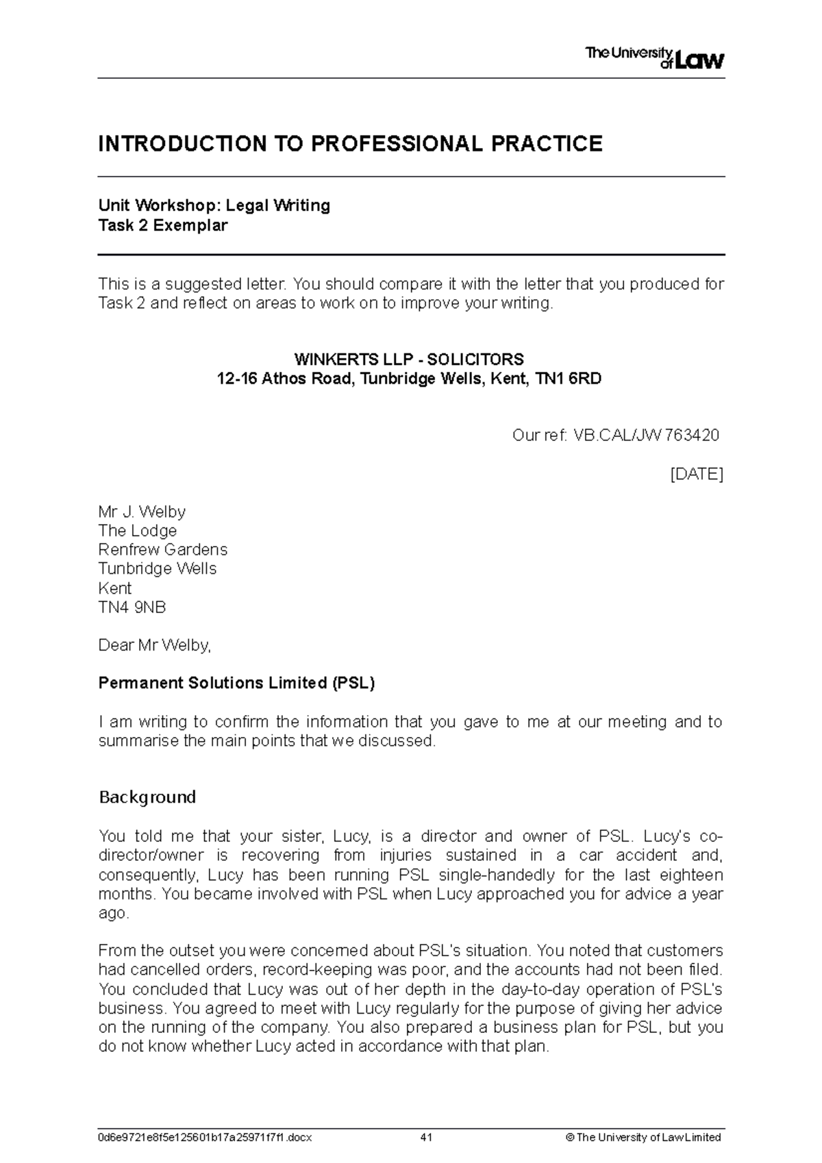 IPP - writing letter examplar - INTRODUCTION TO PROFESSIONAL PRACTICE ...