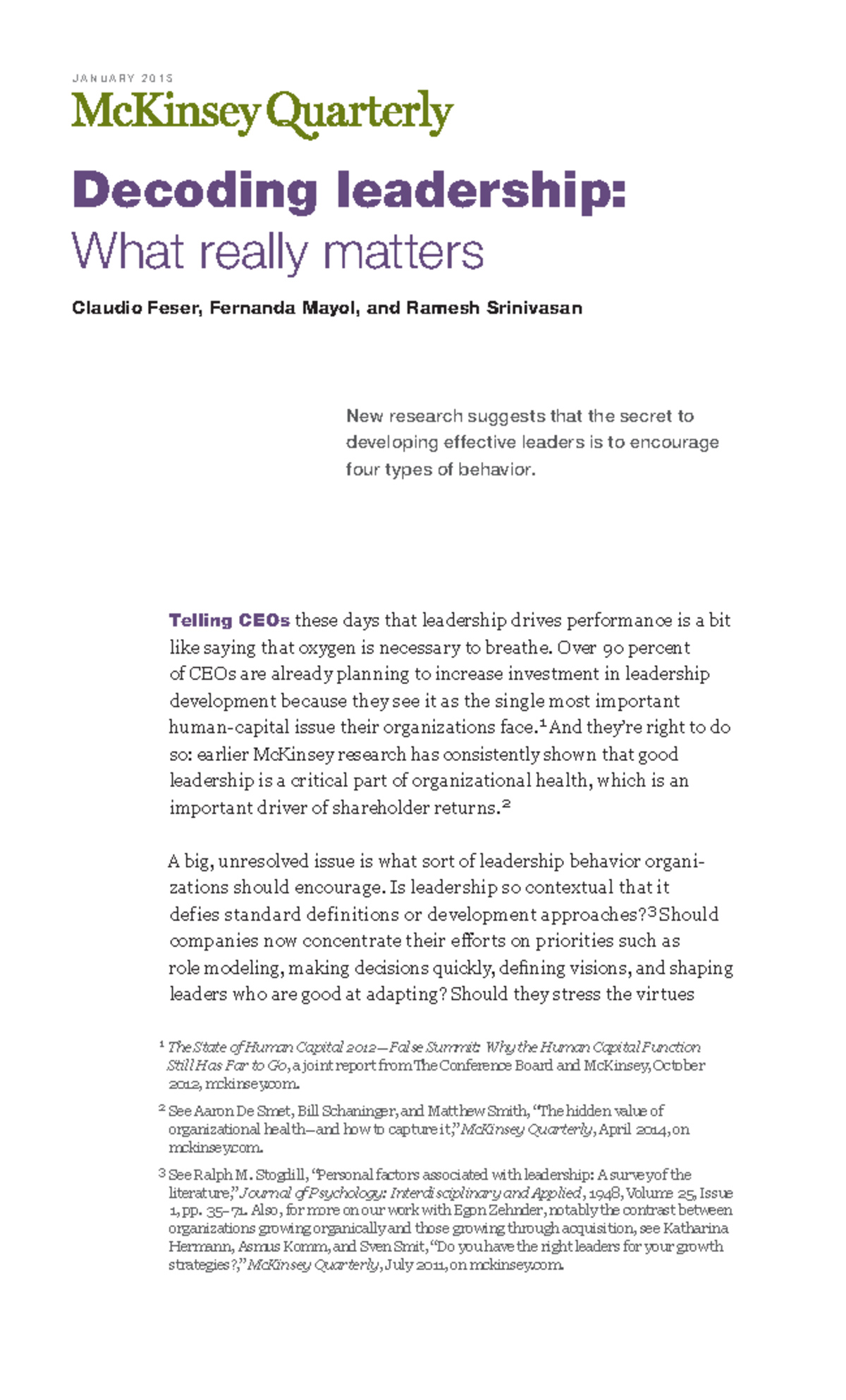 Decoding leadership what really matters - Telling CEOs these days that leadership drives ...