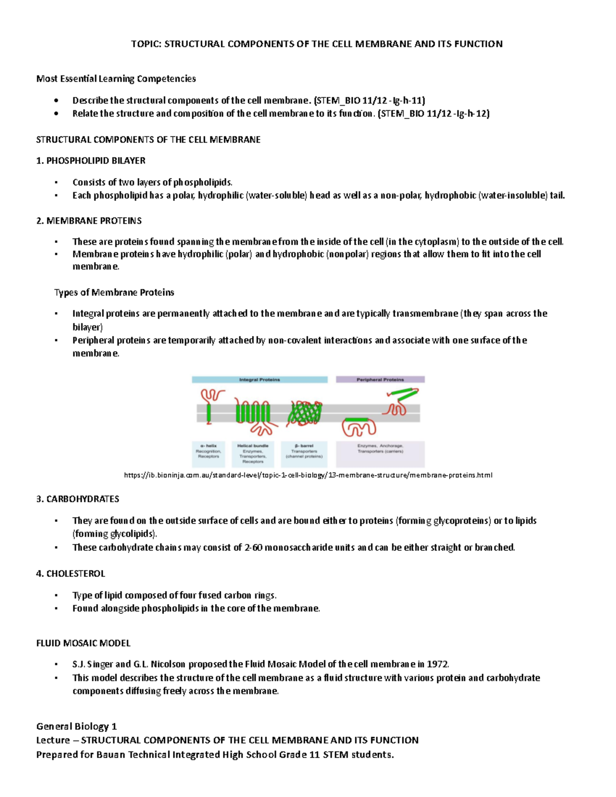 Handout Structural Components OF THE CELL Membrane AND ITS Function ...