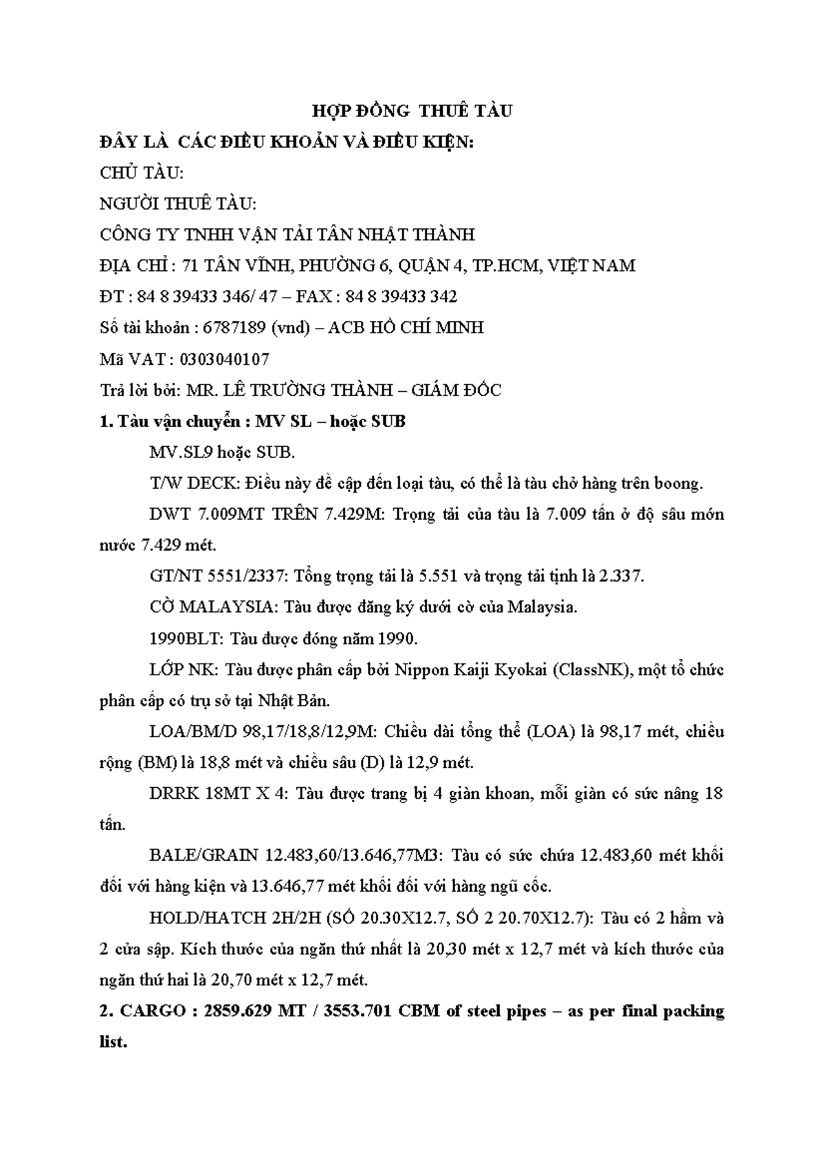 Fixture NOTE TÂN VINH - HỢP ĐỒNG THUÊ TÀU ĐÂY LÀ CÁC ĐIỀU KHOẢN VÀ ĐIỀU ...