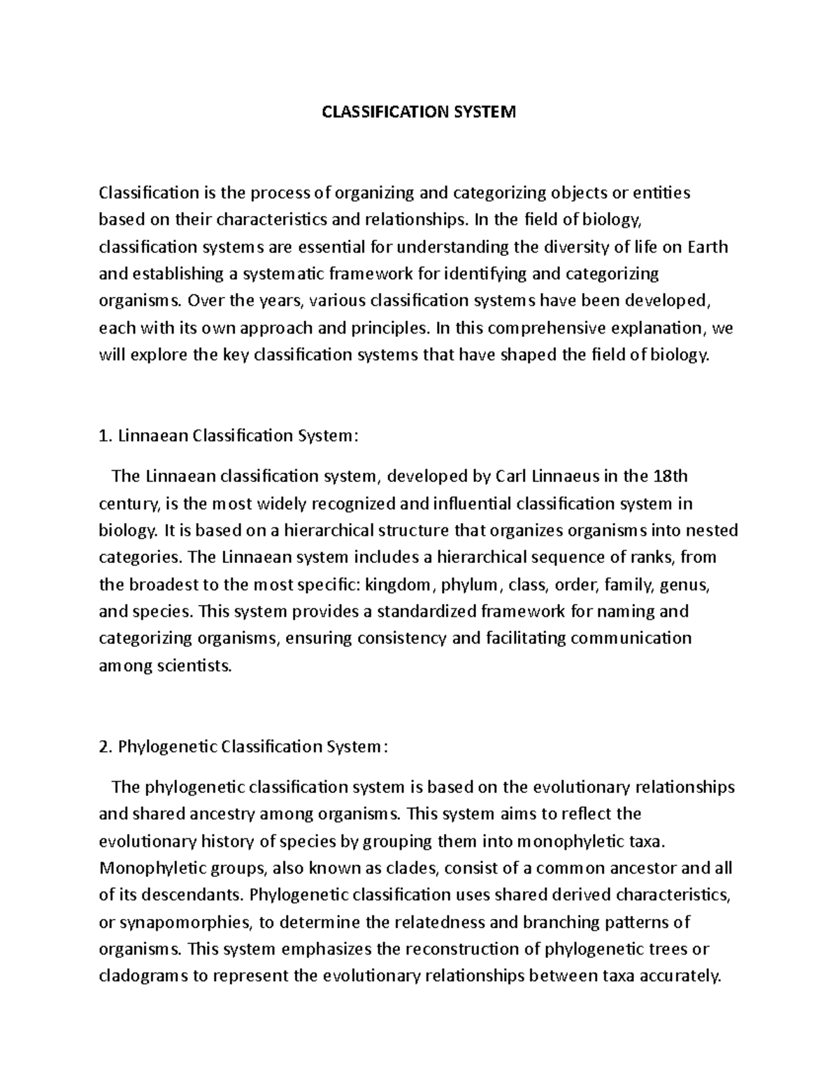 Classification System - CLASSIFICATION SYSTEM Classification is the ...