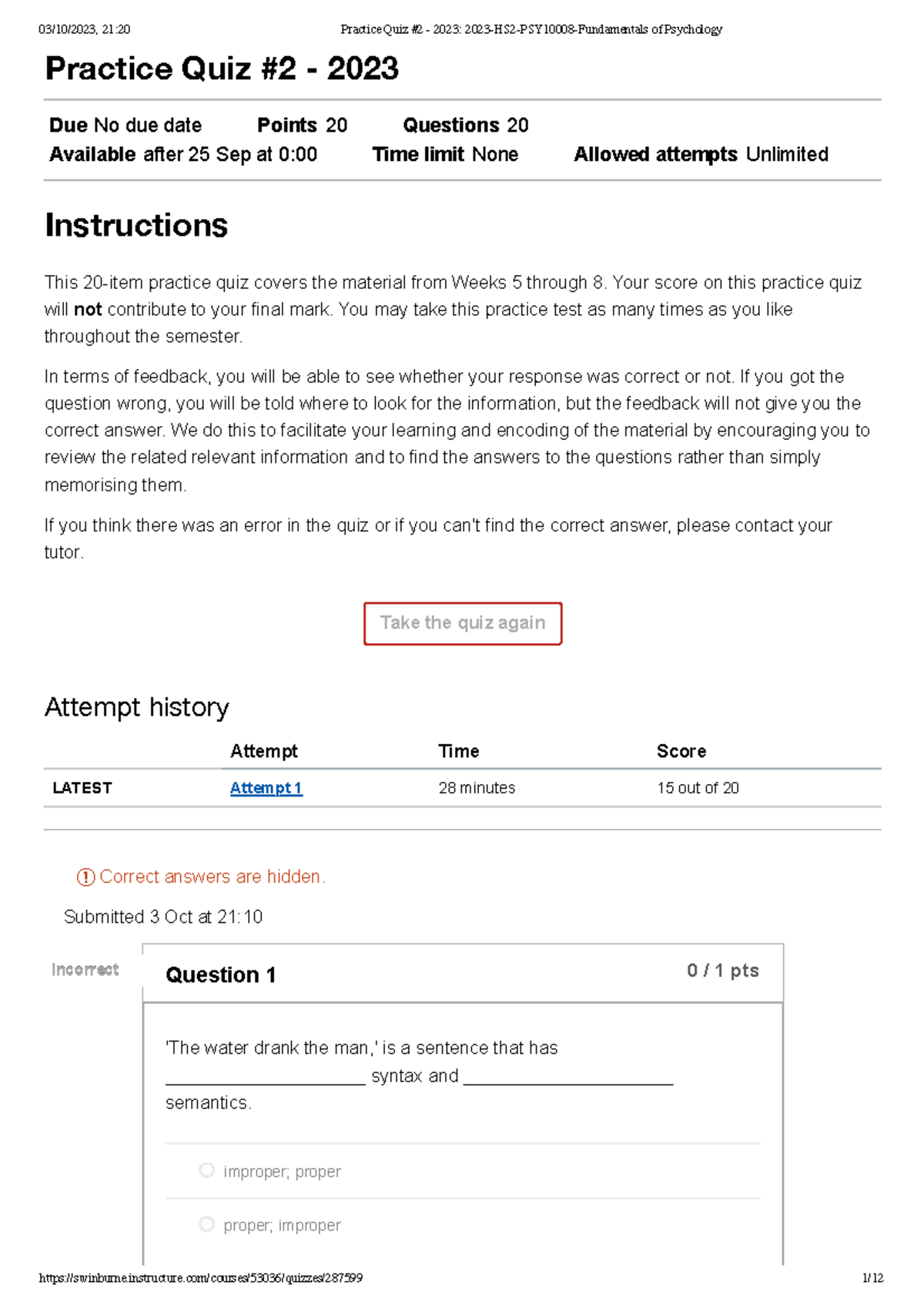 Practice Quiz #2 - Practice Quiz #2 - 2023 Due No due date Points 20 Questions 20 Available ...