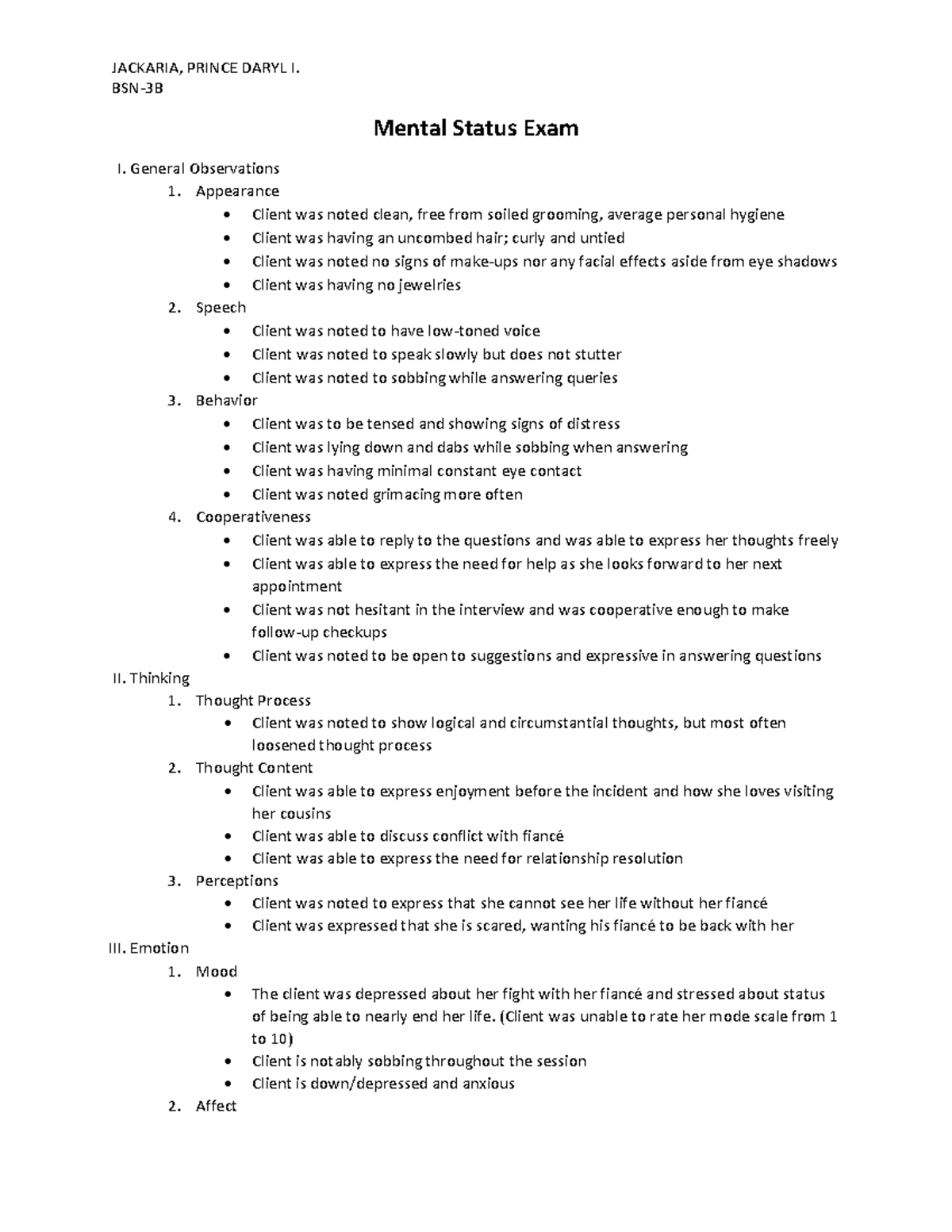 Suicidal Case using Mental Status Exam tool - JACKARIA, PRINCE DARYL I ...