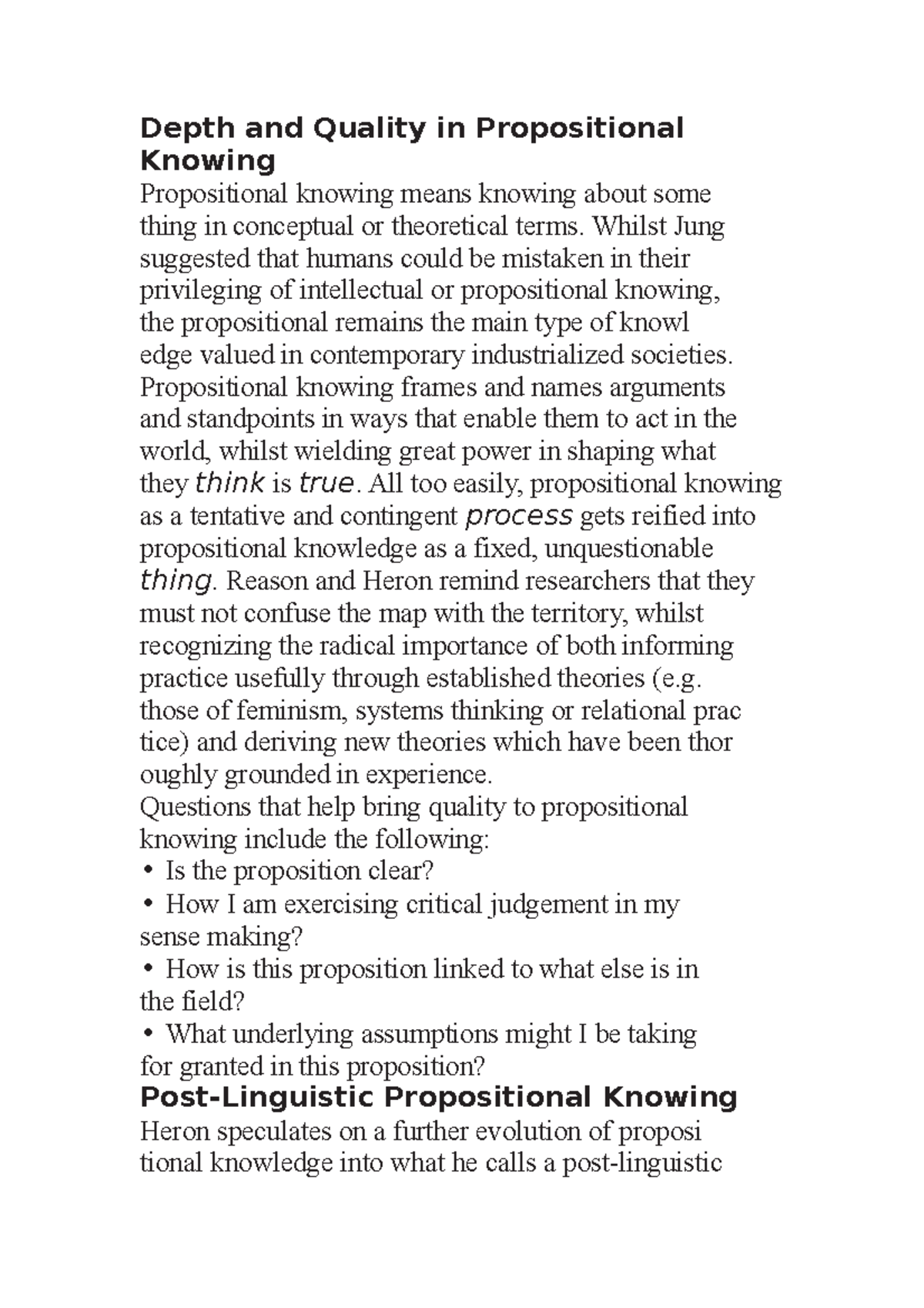 Depth and Quality in Propositional Knowing - Depth and Quality in ...