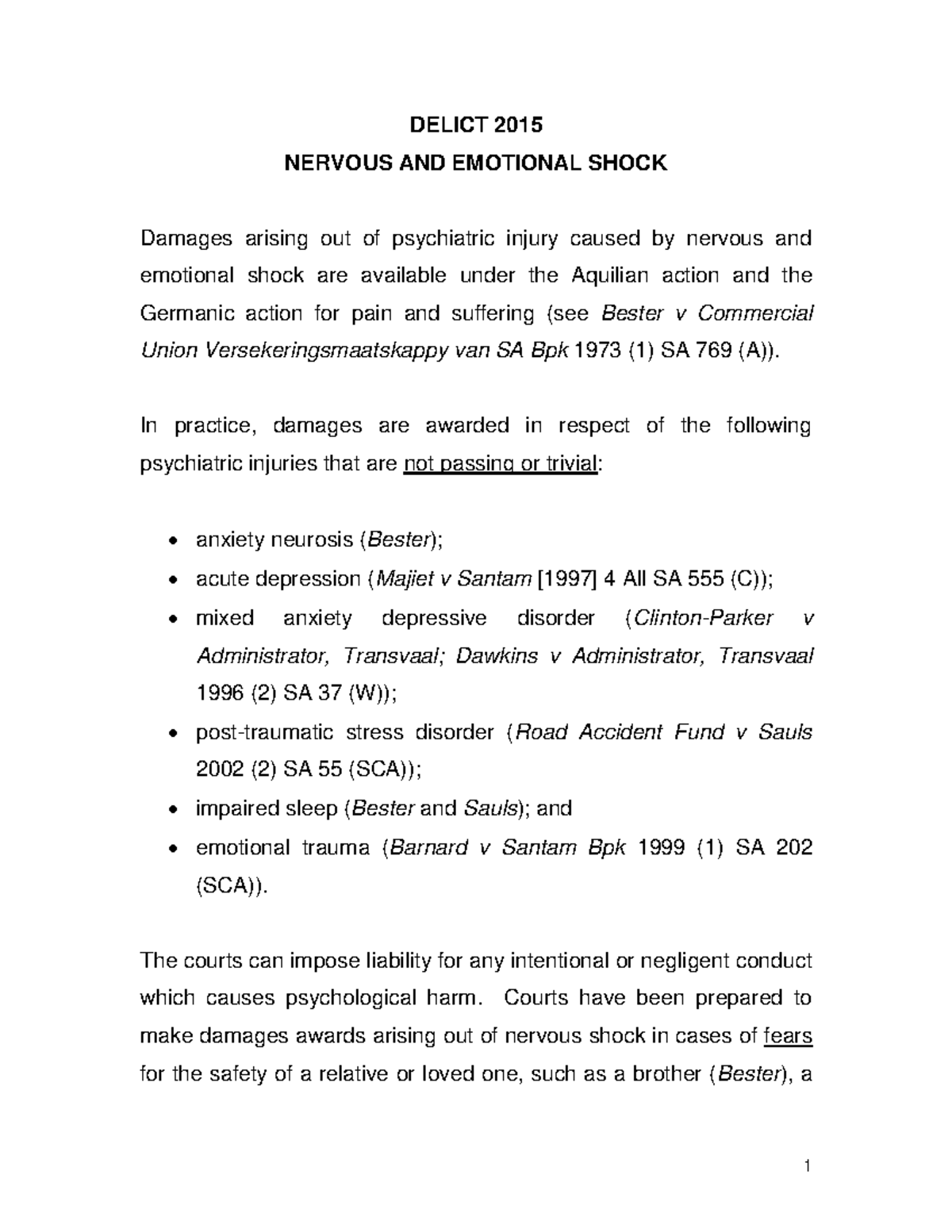 Nervous shock - notes - DELICT 2015 NERVOUS AND EMOTIONAL SHOCK Damages ...