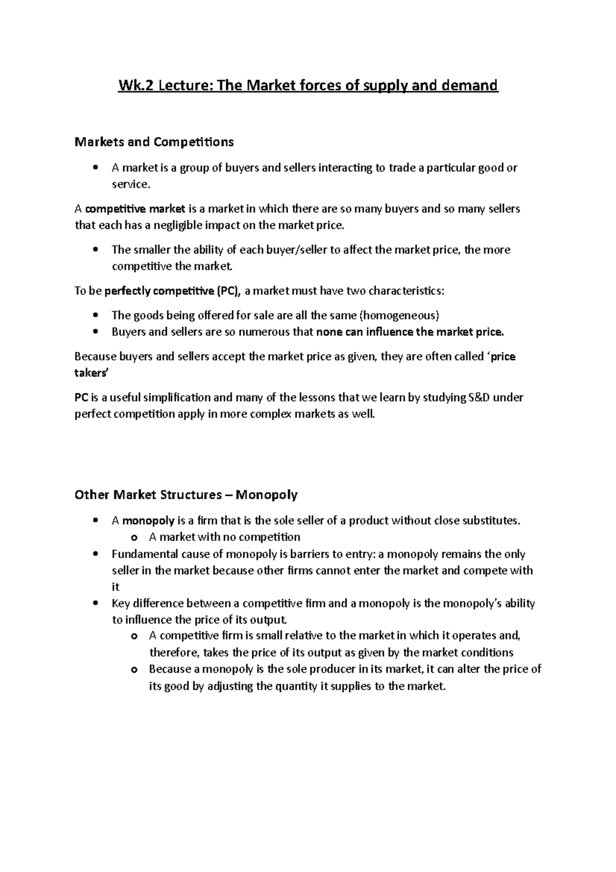 Wk.2 Lecture Market forces of supply and demand - Wk Lecture: The ...