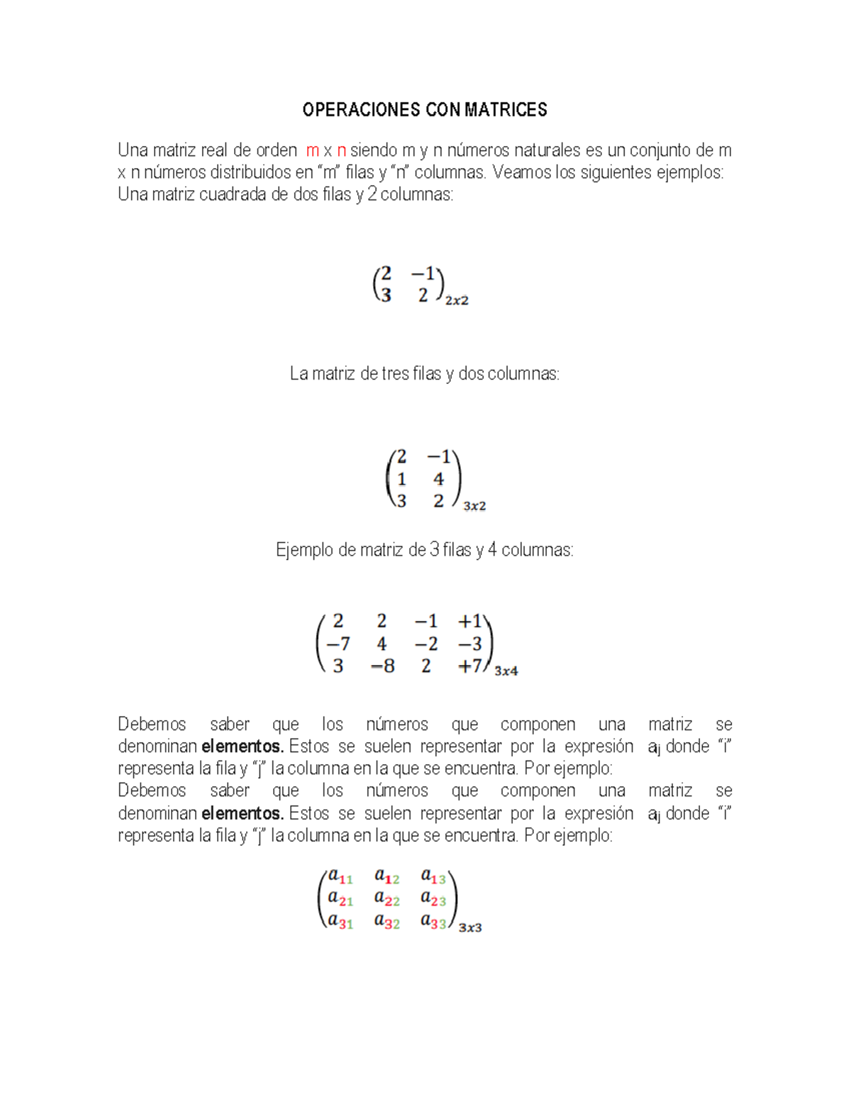 Operaciones CON Matrices - OPERACIONES CON MATRICES Una matriz real de orden m x n siendo m y n ...